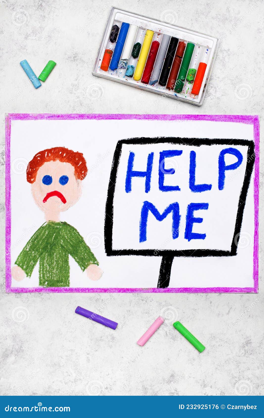 Sad boy and sign HELP ME stock photo. Image of communication - 232925176
