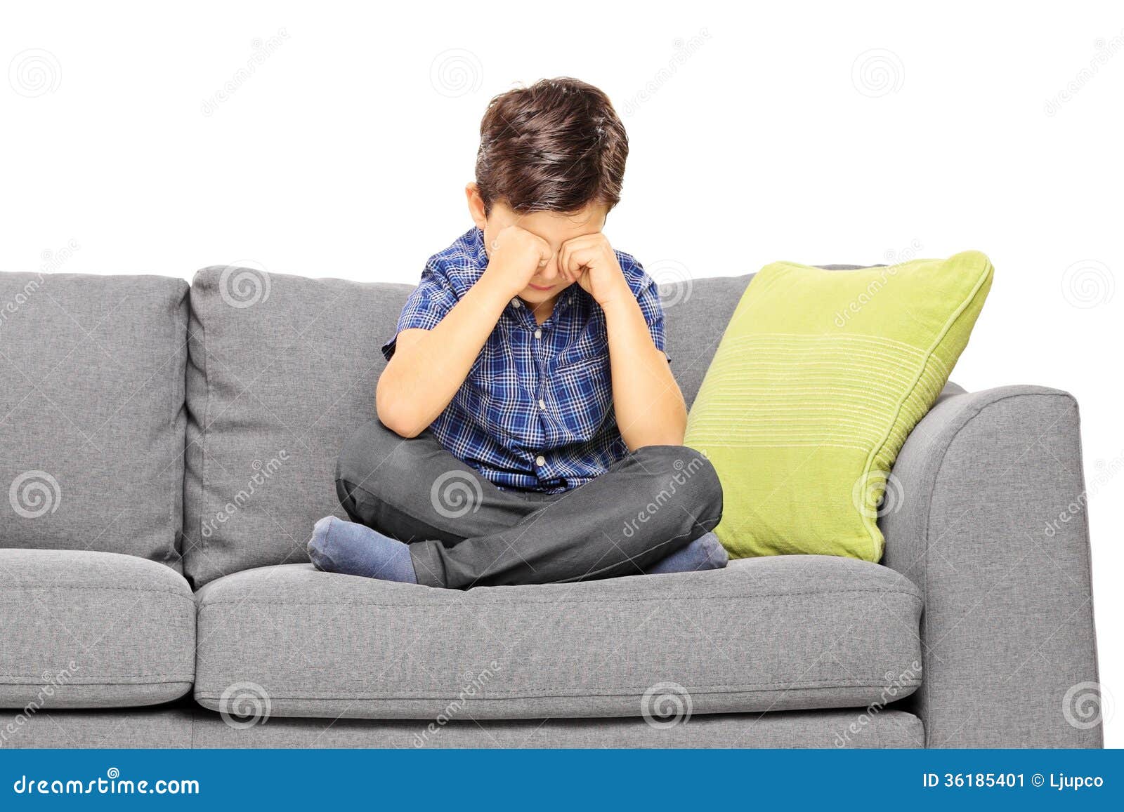Sad Boy Sitting on a Couch and Crying Stock Image - Image of childhood ...