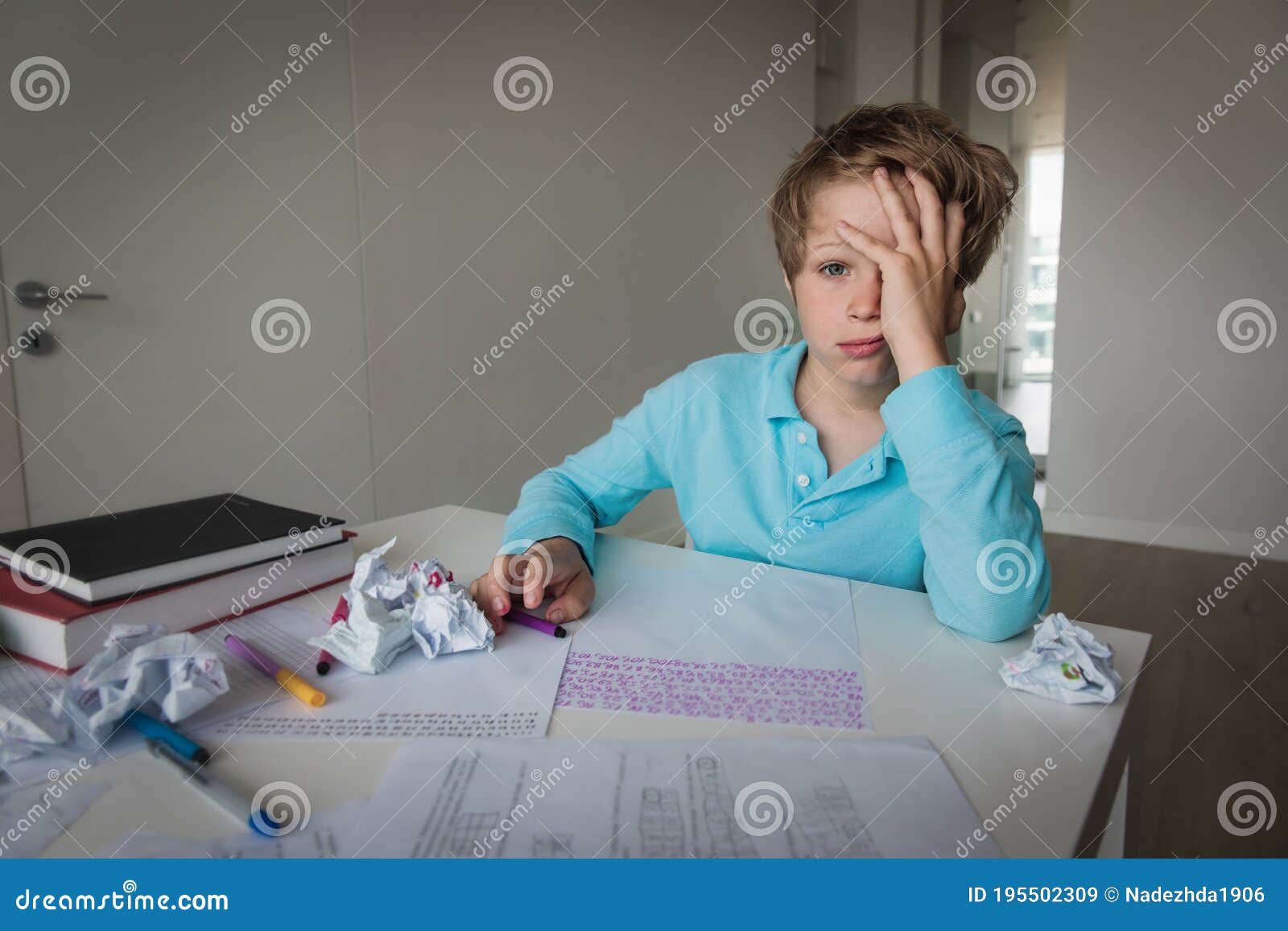 Sad Boy Tired and Stressed of Learning, Doing Homework Stock Image ...
