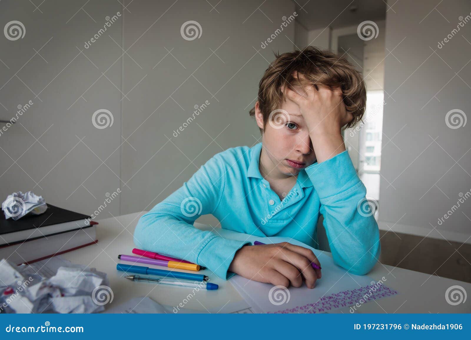 Sad Boy Tired and Stressed of Learning, Doing Homework Stock Photo ...