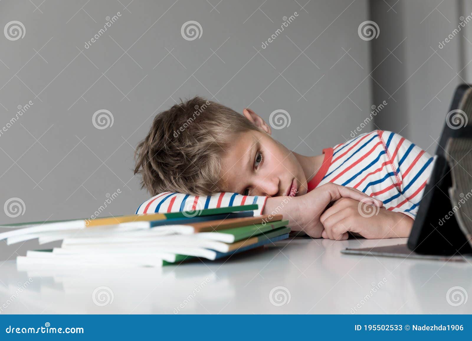 Sad Boy Tired and Stressed of Reading, Doing Homework Stock Image ...