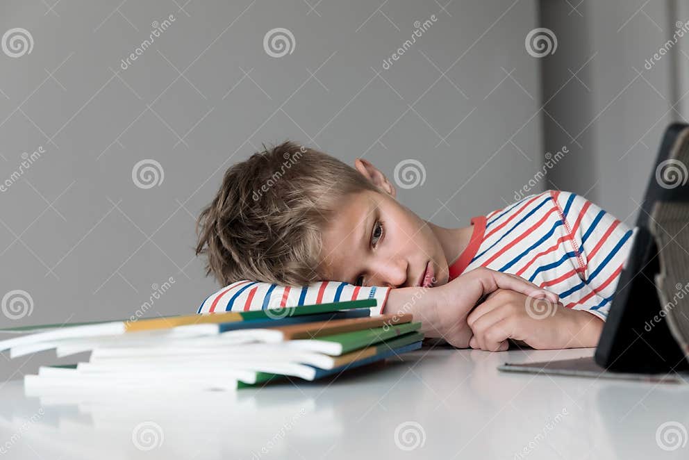 Sad Boy Tired and Stressed of Reading, Doing Homework Stock Image ...