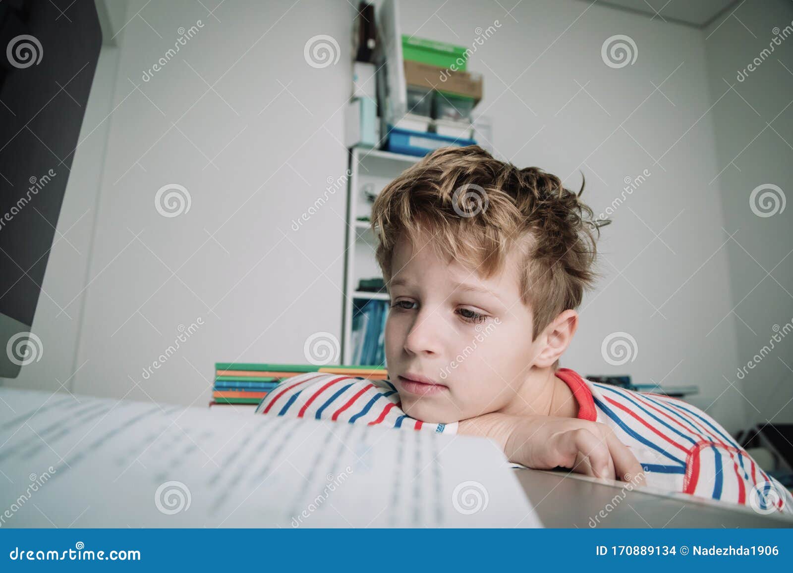 Sad Boy Tired and Stressed of Reading, Doing Homework Stock Photo ...