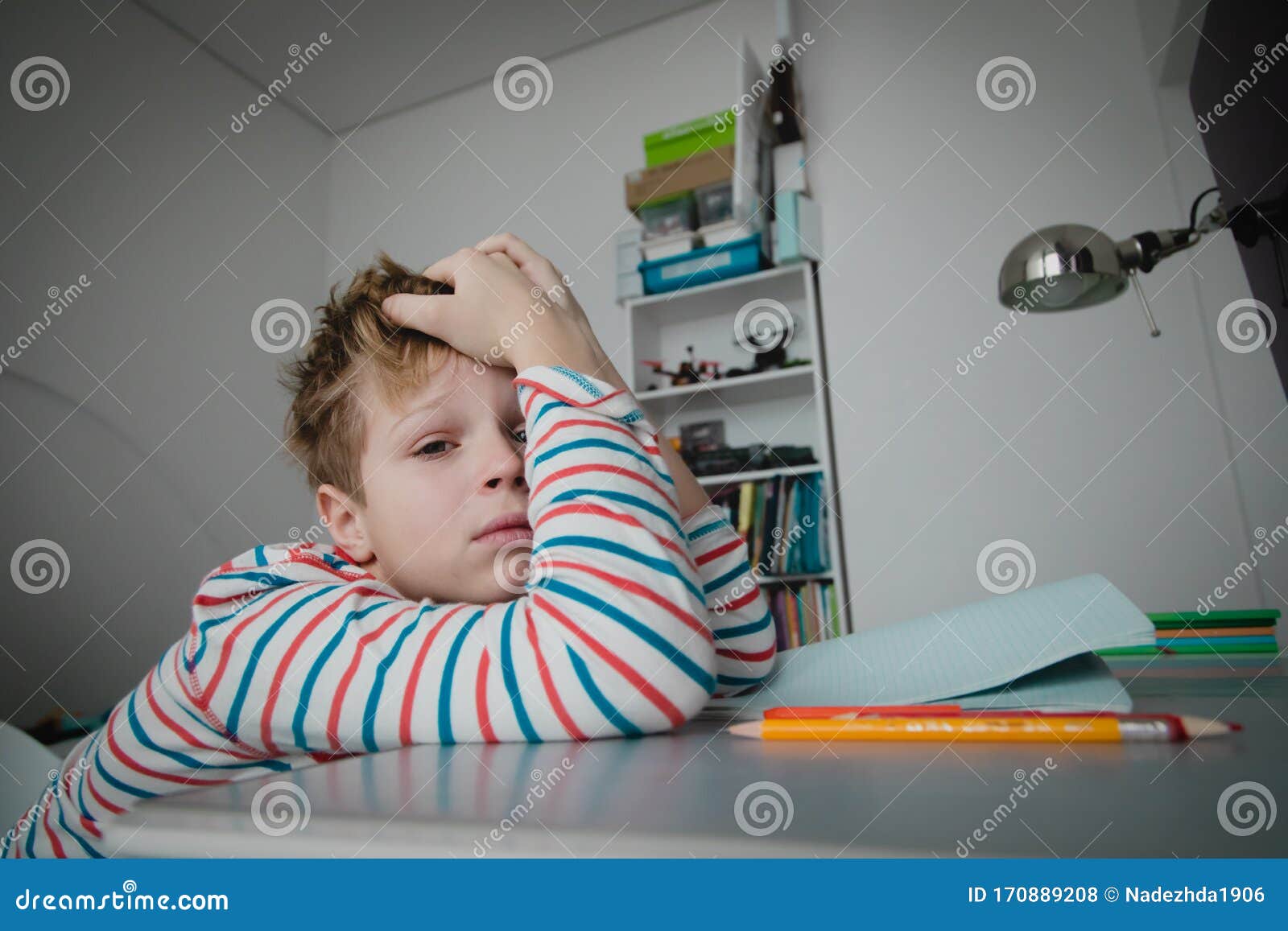 Sad Boy Tired and Stressed of Reading, Doing Homework Stock Photo ...