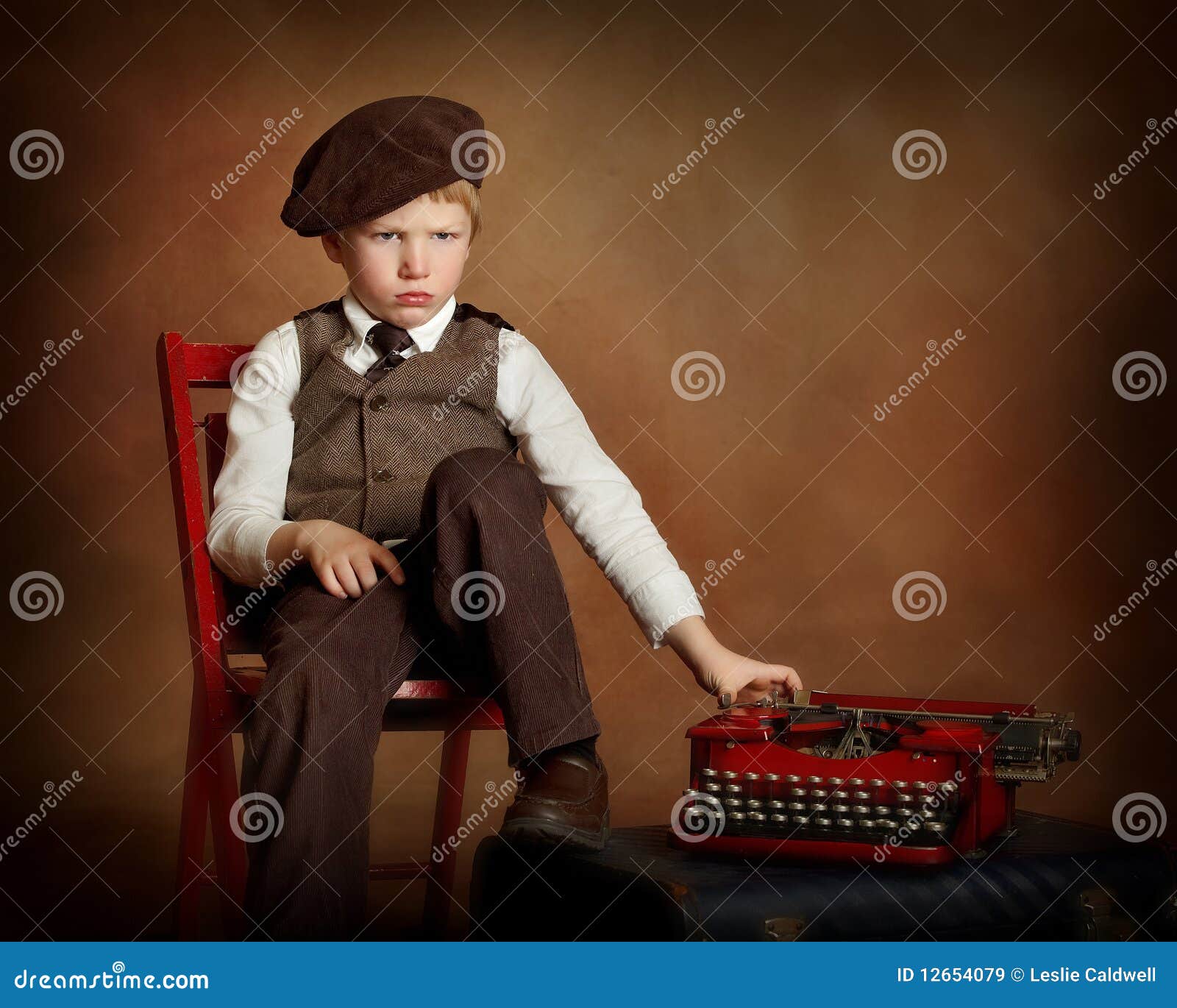 Sad Boy with Typewriter in Chair Stock Image - Image of classic ...