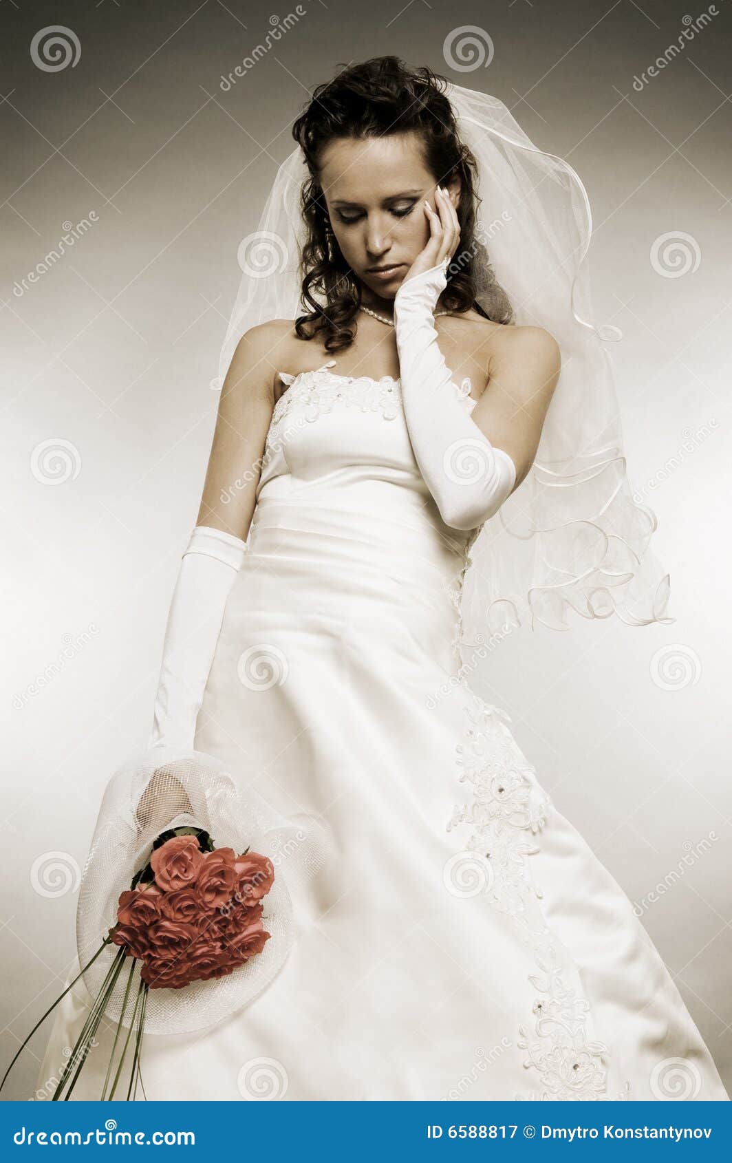 Sad Bride with Bunch of Roses Stock Image - Image of beauty, caucasian ...