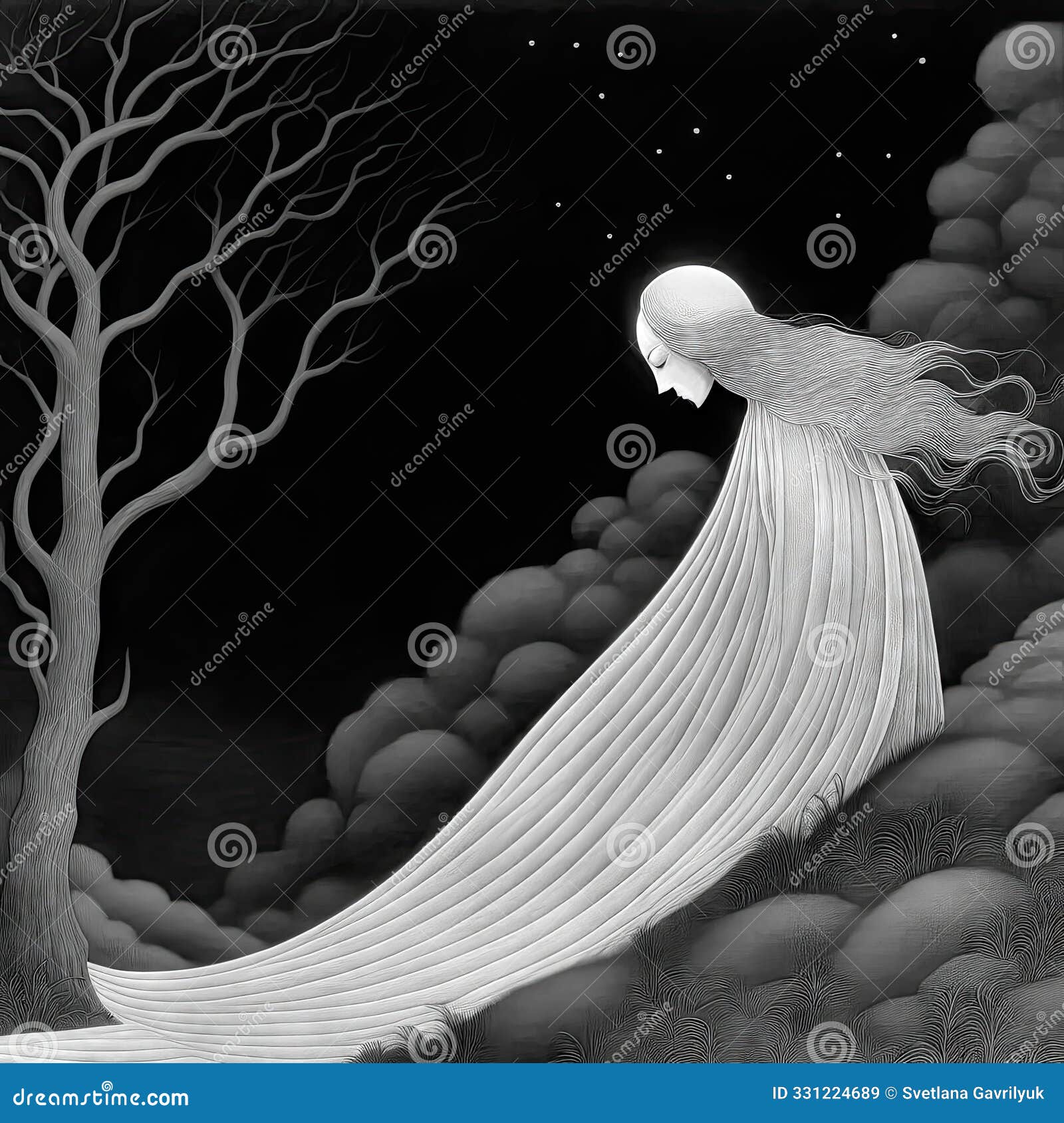 A Sad, Brooding Ghost at Night in the Woods, a Grayscale Fantasy ...