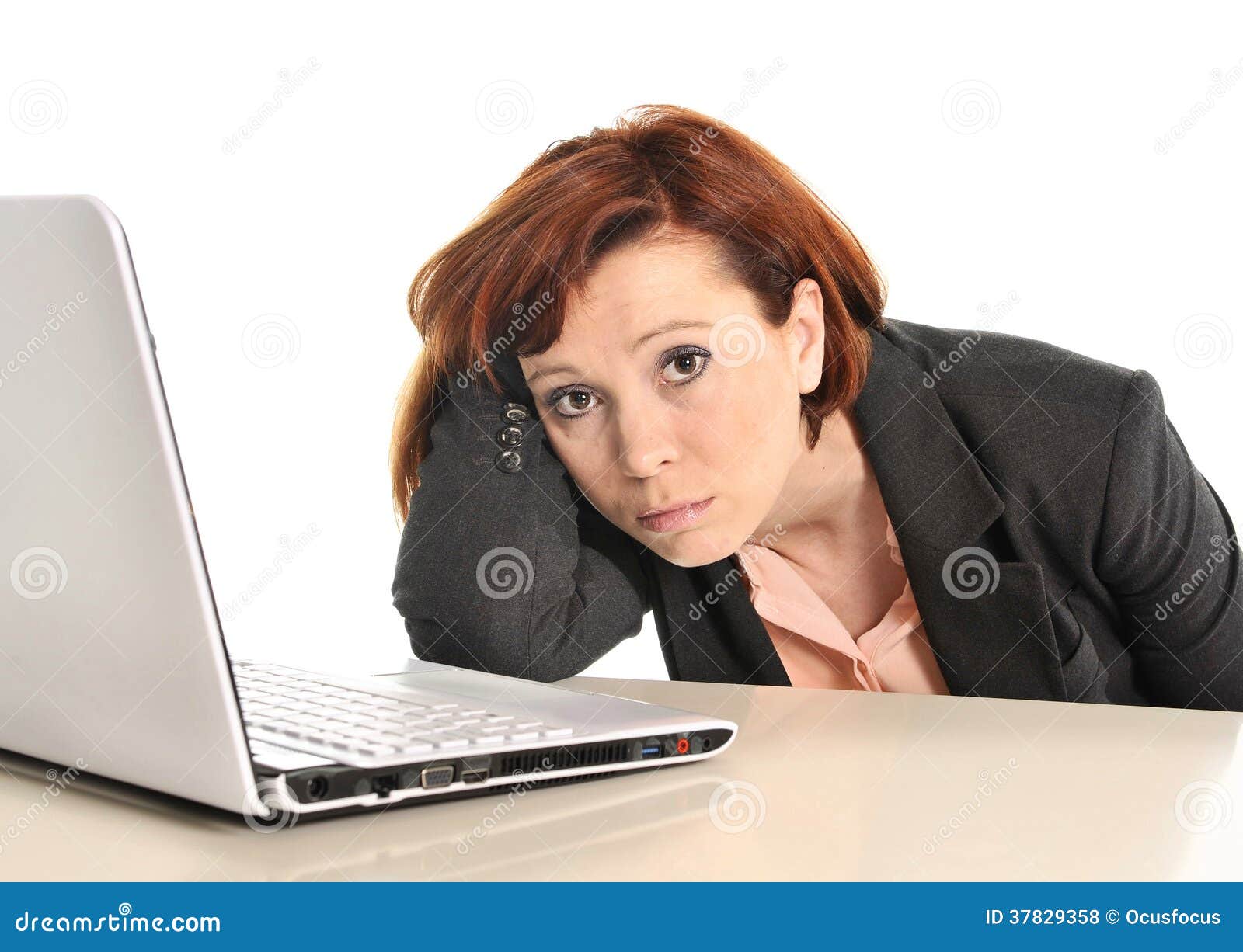 Sad Business Red Haired Woman in Stress at Work with Computer Stock ...