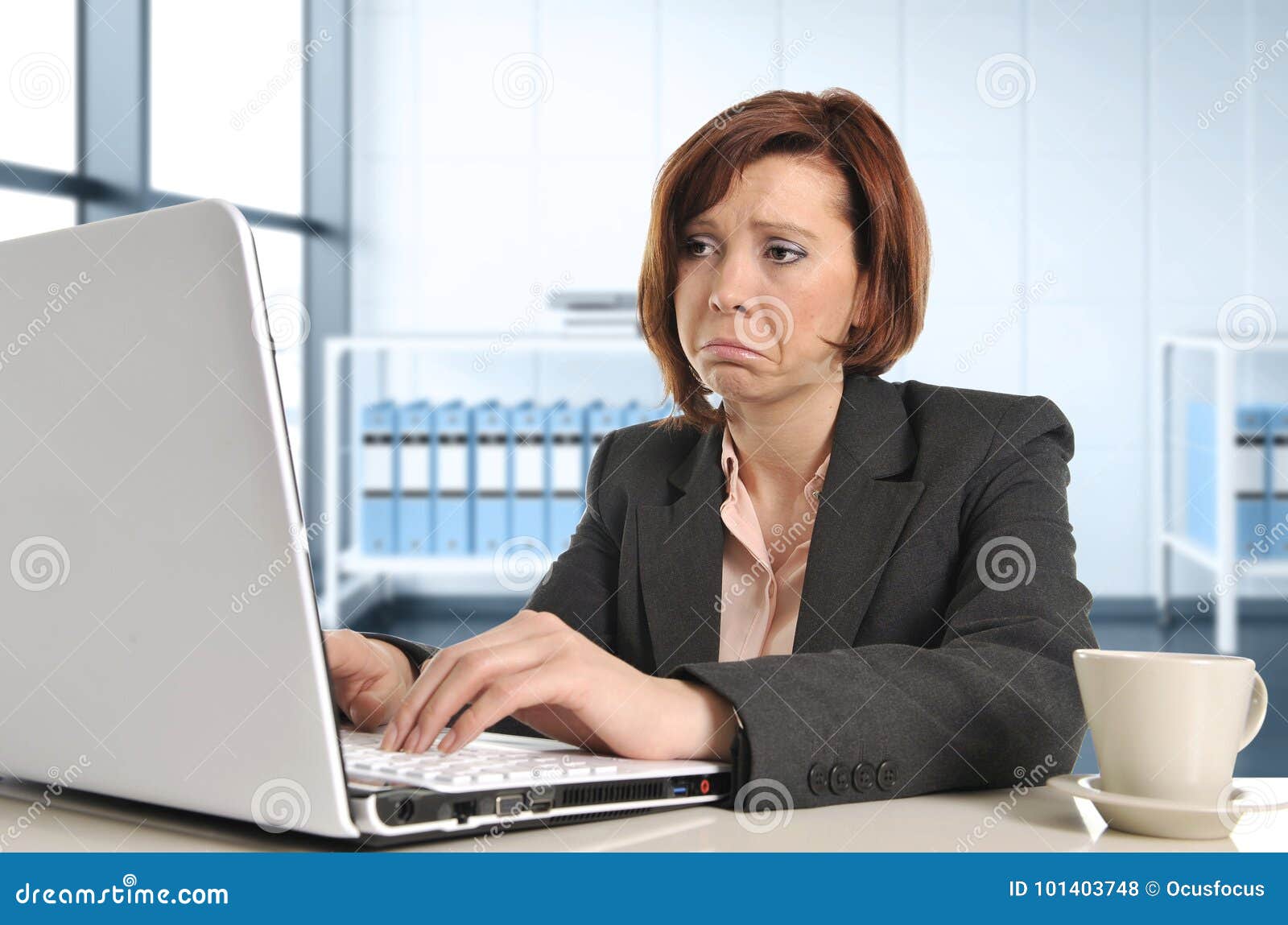 Sad Business Red Haired Woman In Stress At Work With Computer Stock ...