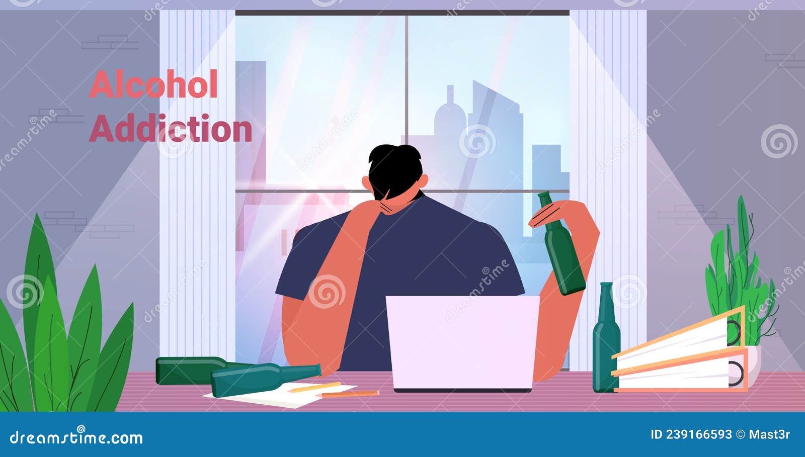 Sad Businessman Drinker with Bottles at Workplace Alcoholic Drinking ...