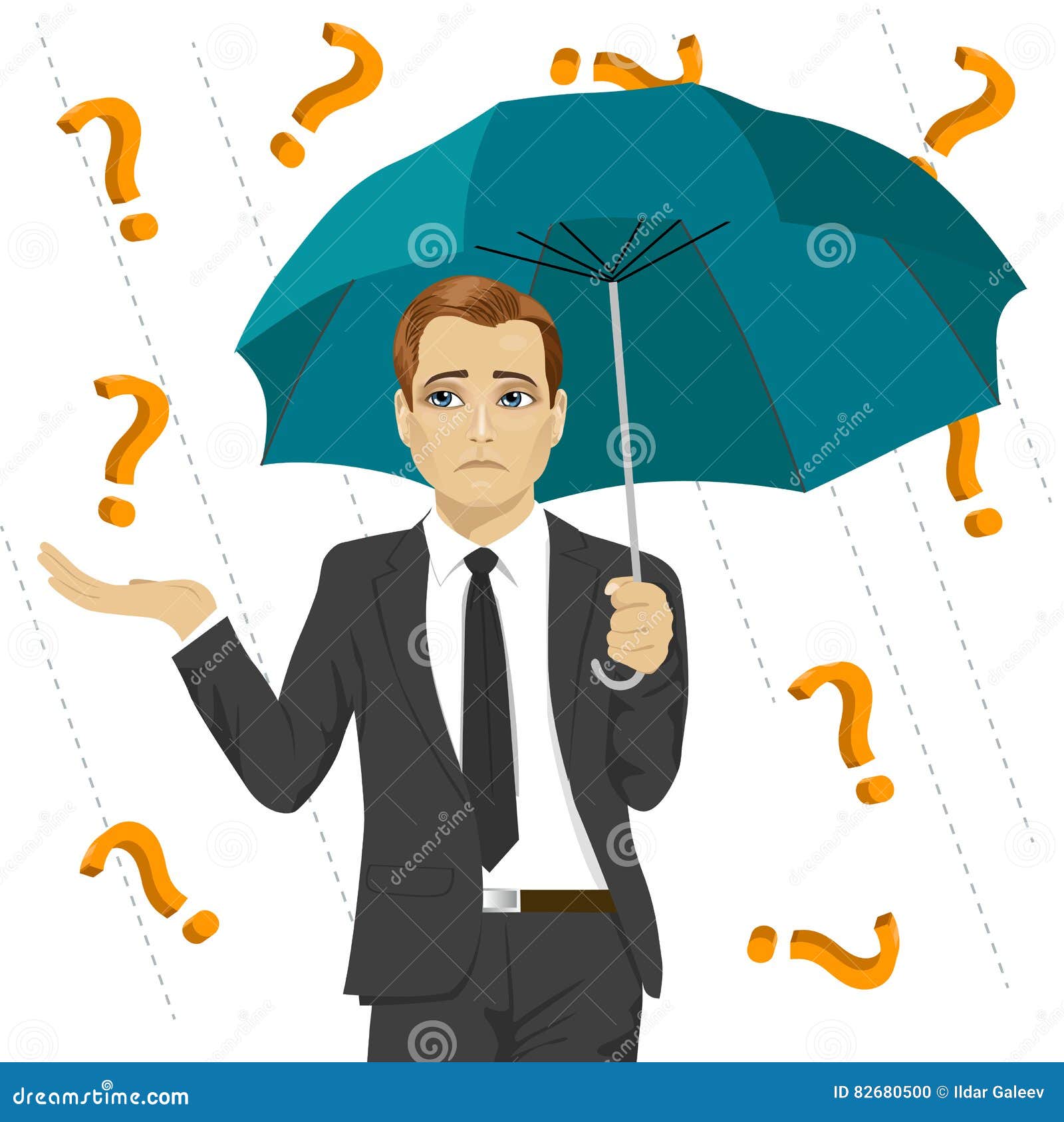Sad Businessman Hiding from Question Marks with Umbrella Stock Vector ...