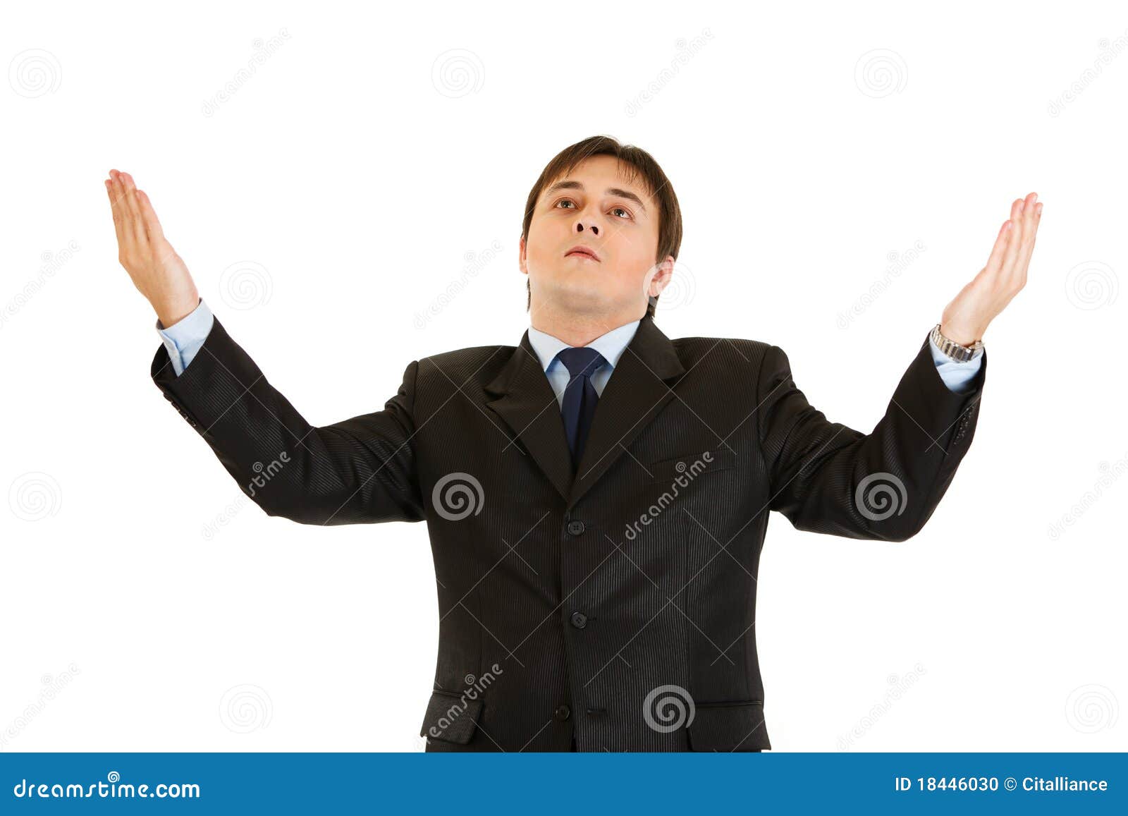 Sad Businessman Looking Up and Raising His Hands Stock Photo - Image of ...