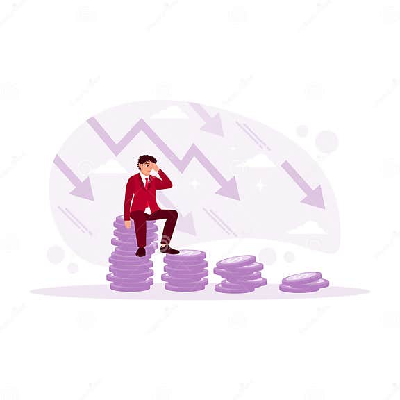 Sad Businessman Sitting on a Pile of Coins with a Downward Arrow ... Sad Businessman Sitting on a Pile of Coins with a Downward Arrow ...