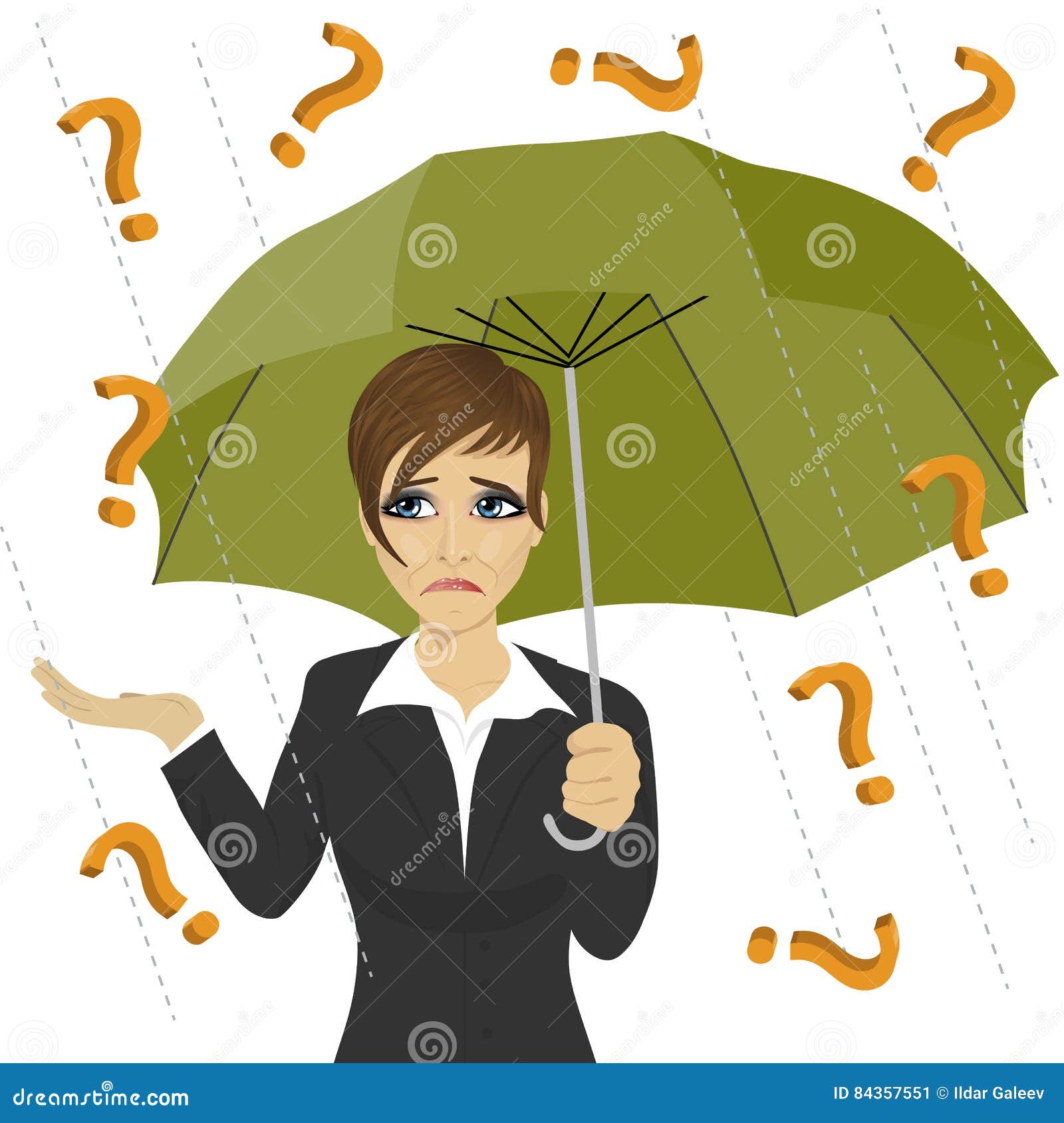 Sad Businesswoman Hiding from Question Marks with Umbrella Stock Vector ...