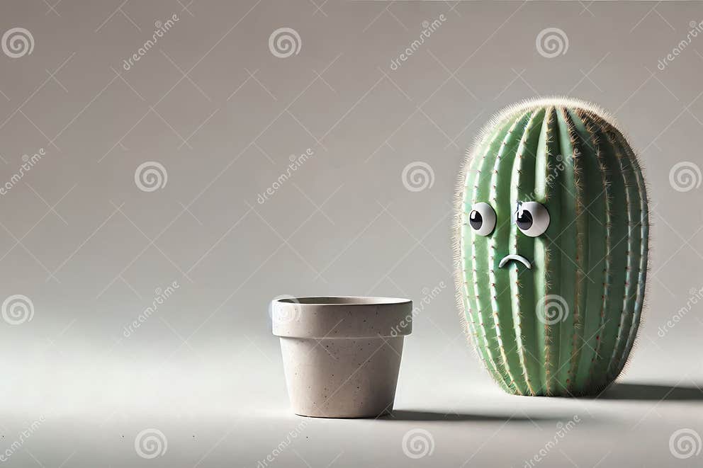 Sad Cactus Next To an Empty Pot. Space for Text. Stock Photo - Image of ...