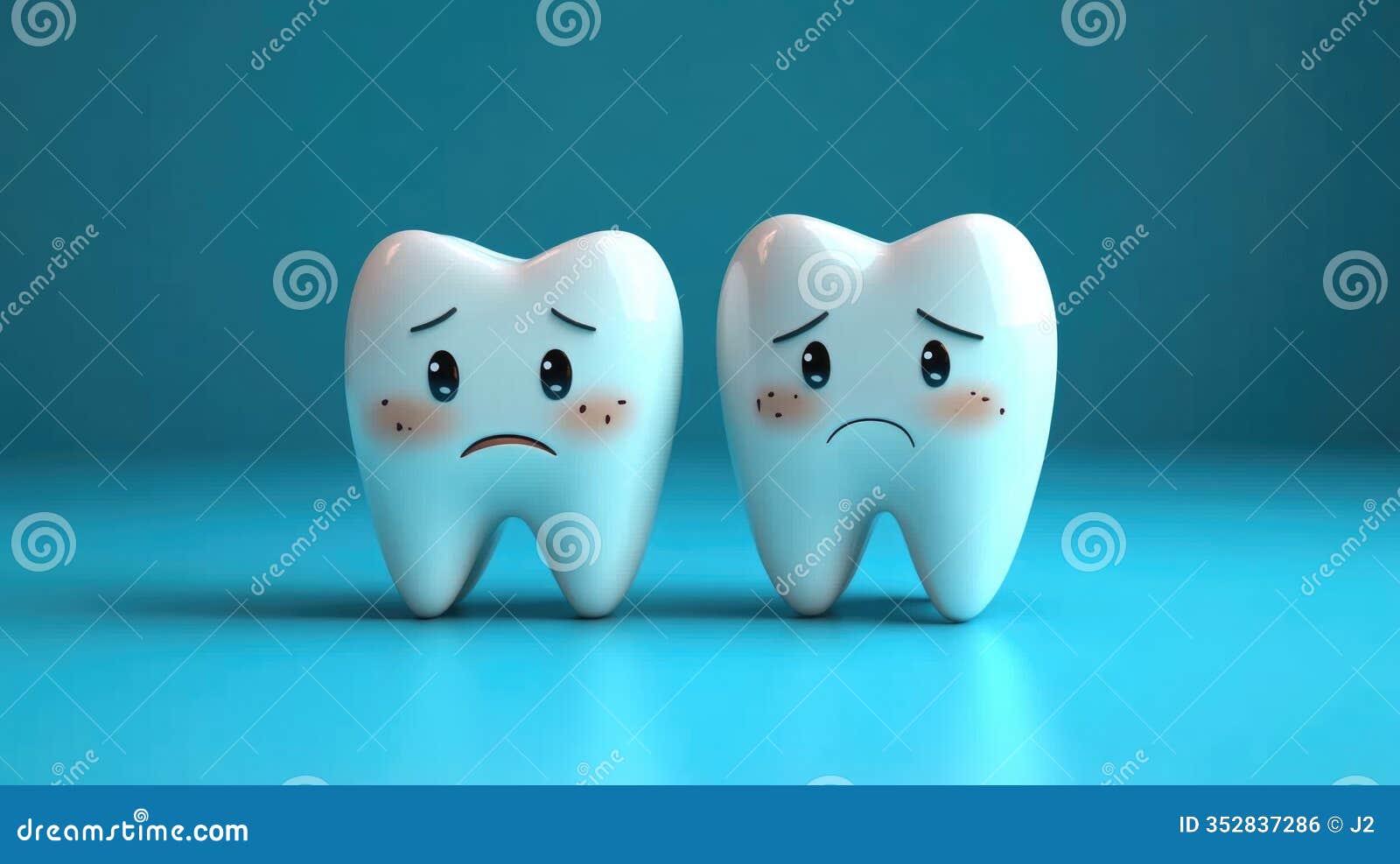 Sad Cartoon Teeth on Blue Background with Expressive Faces Stock ...
