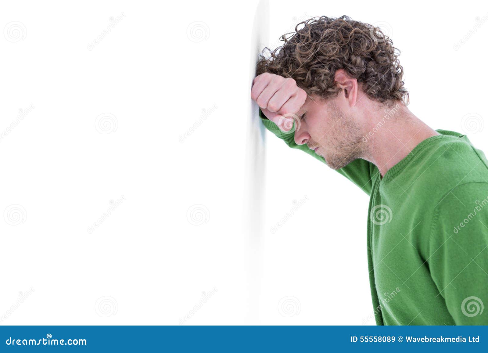 Sad Casual Man Leaning Against Wall Stock Image - Image of adult ...