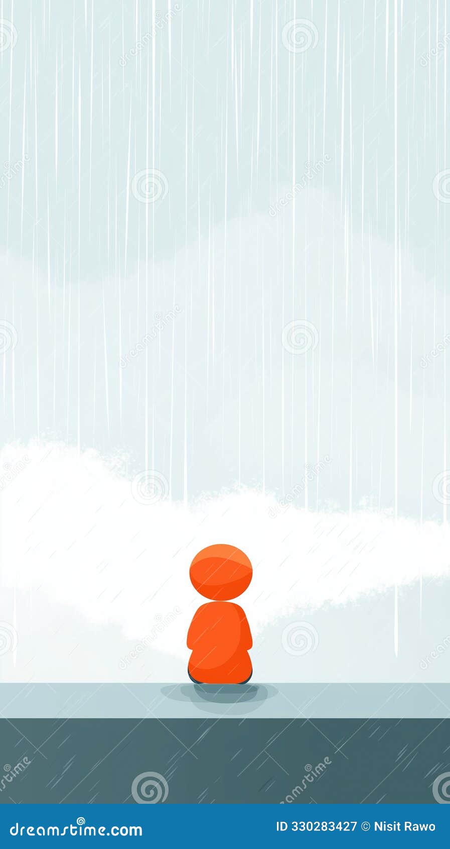 Sad Character Sitting Alone, Rain Pouring Outside, Flat Design ...