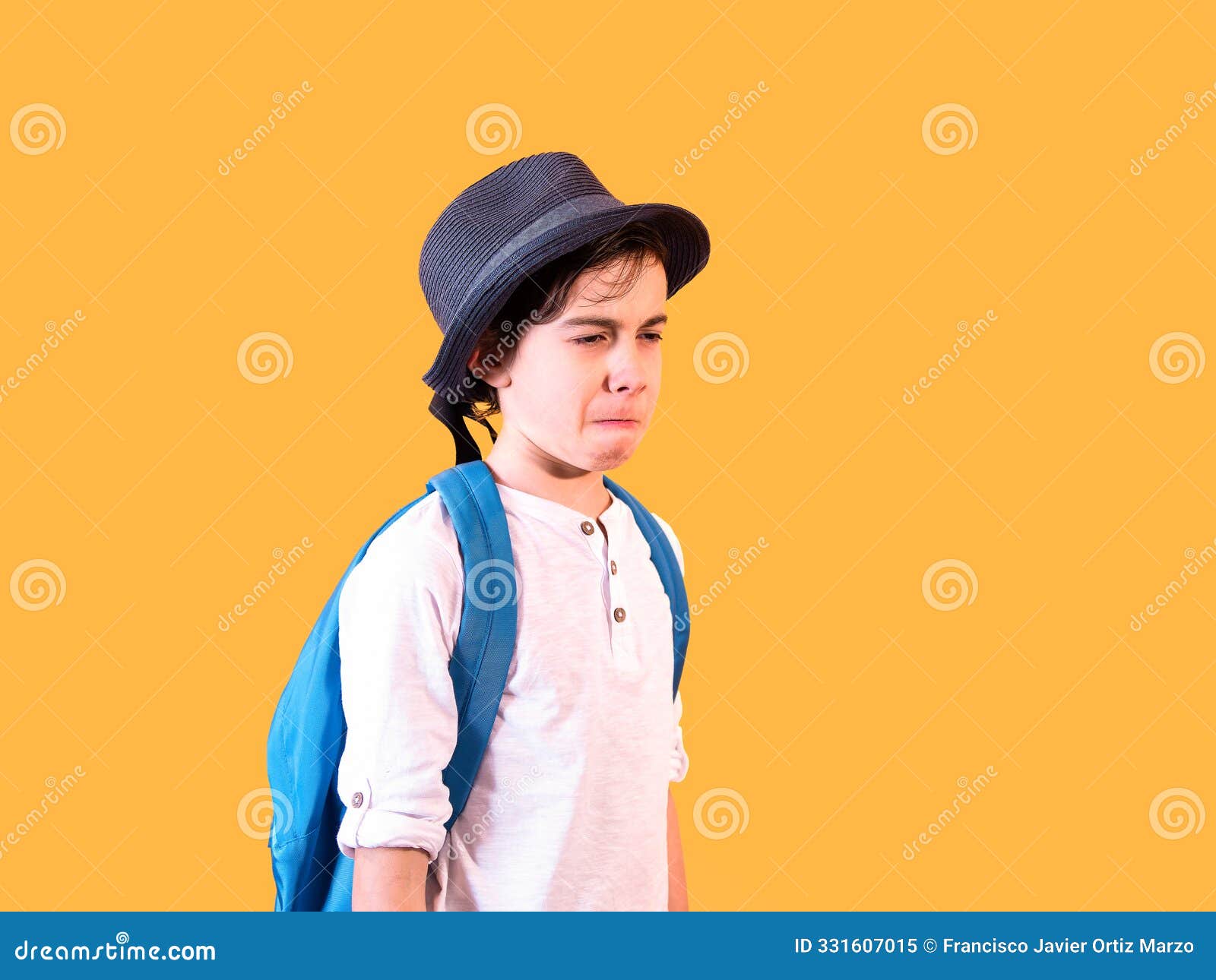 Sad Child with Backpack on Orange Background Stock Image - Image of ...