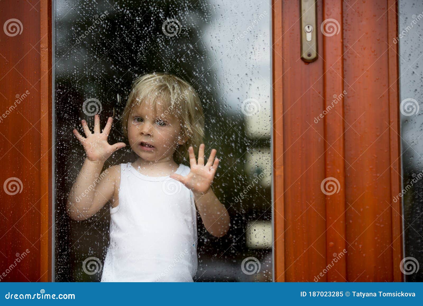 Sad Child Behind the Window on Rainy Day Stock Image - Image of child ...