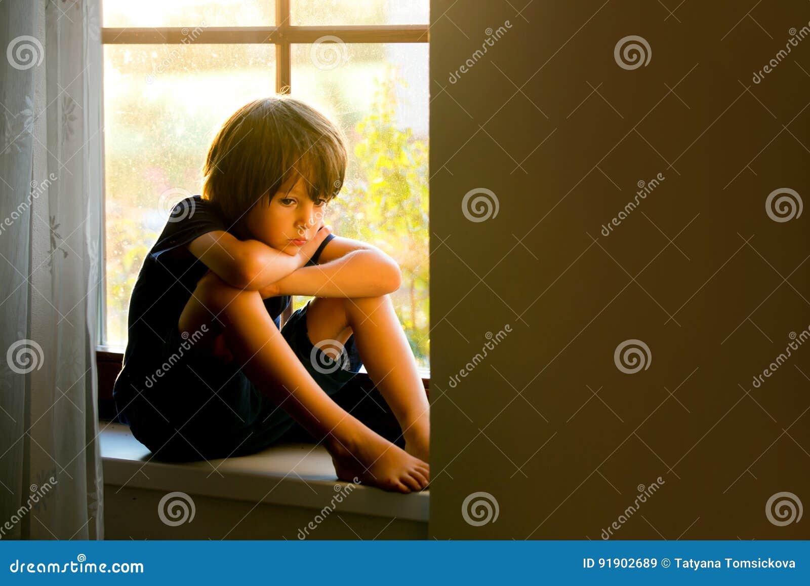Sad Child, Boy, Sitting on a Window Shield Stock Image - Image of pain ...