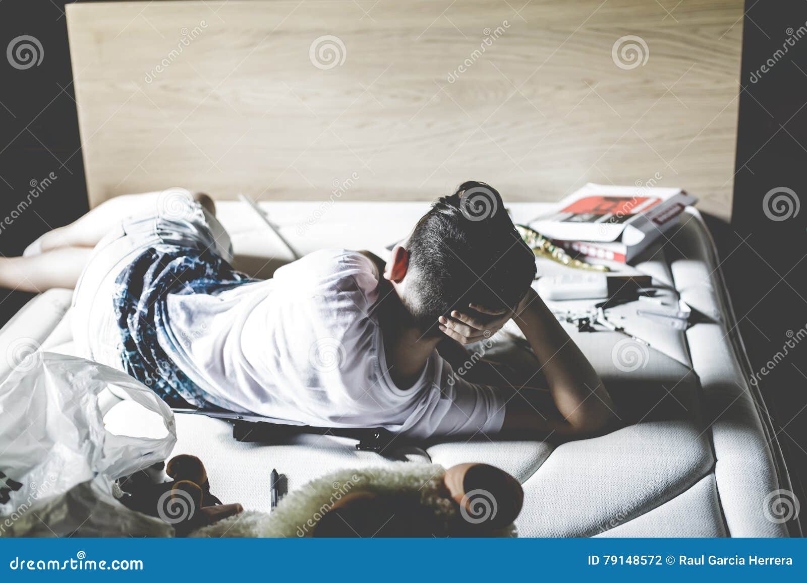 Sad Child Lying Alone in a Empty Room Stock Photo - Image of confused ...