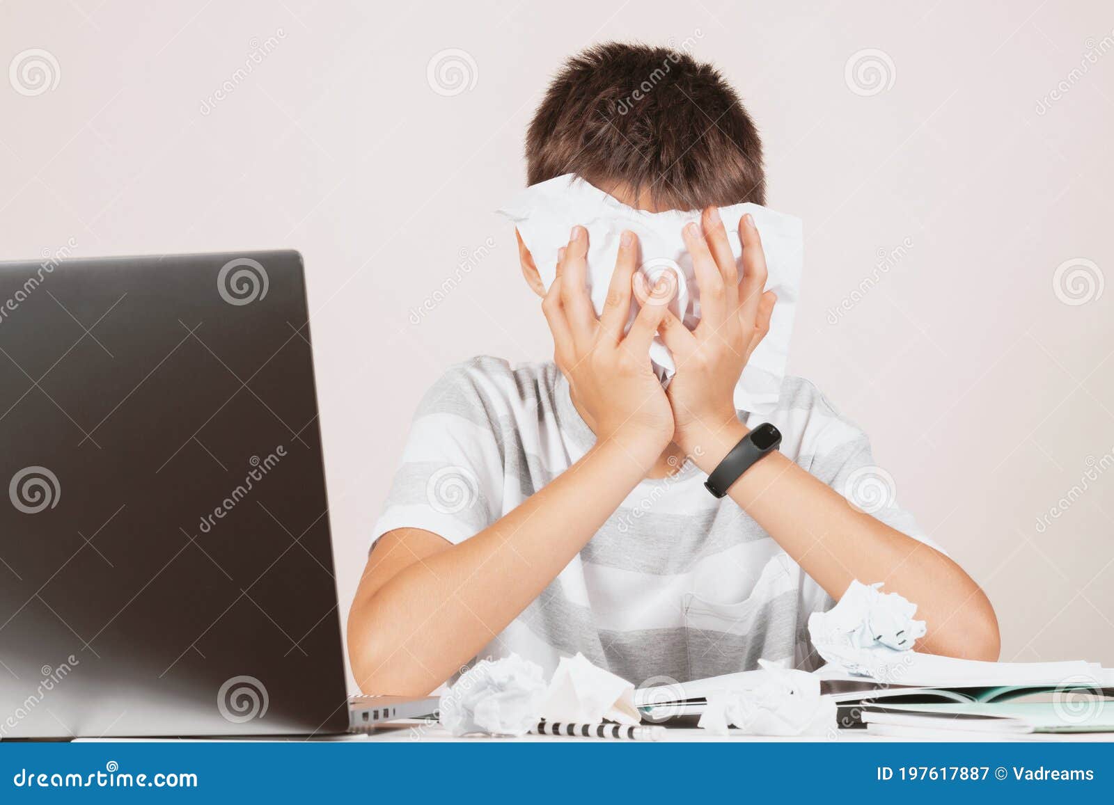 Sad Child is Sitting at a Table with Computer at Home. he Has Problems ...