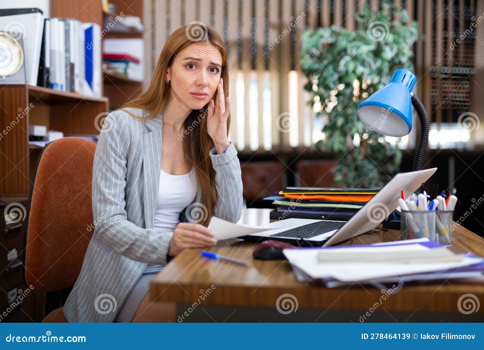 Sad Clerical Worker Sitting at Desk in Office Stock Image - Image of ...