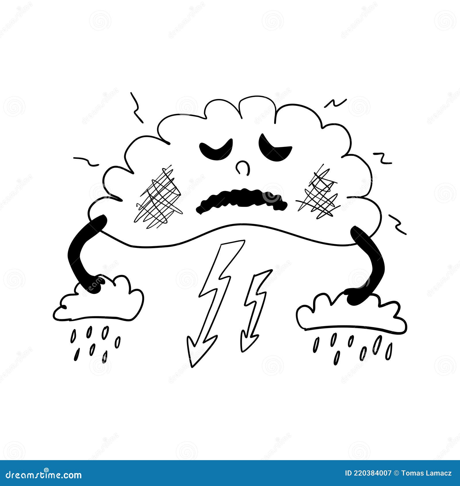 Sad Cloud Character is Making a Storm and Rain. Hand Drawn Comic ...
