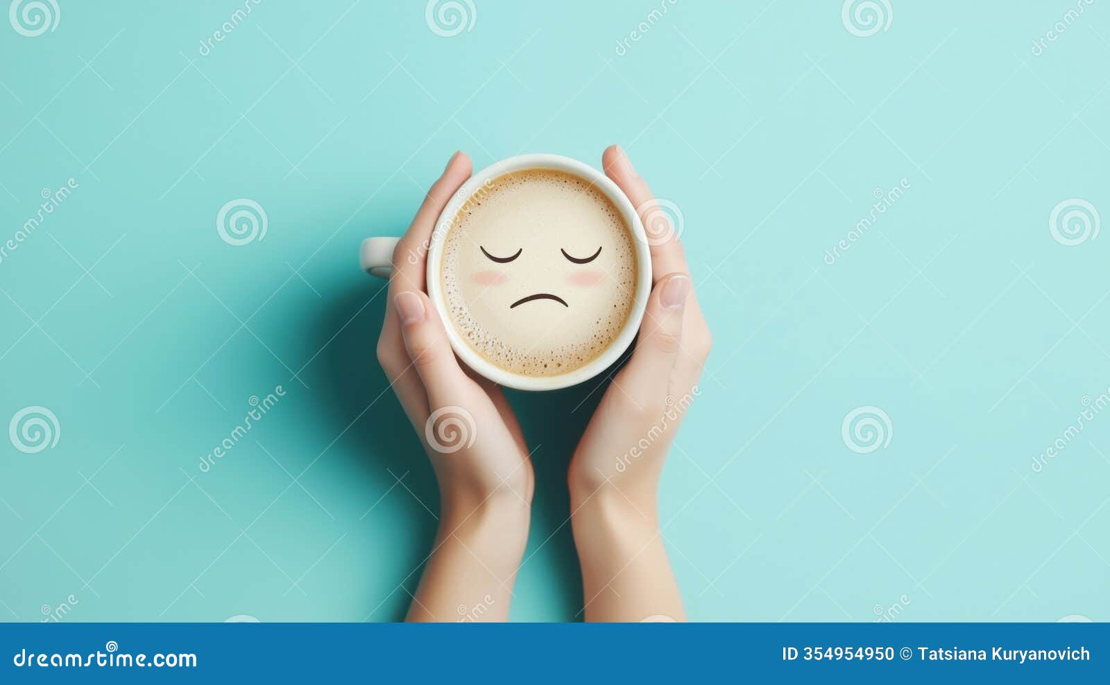 Sad Coffee Cup Held by Hands, Light Blue Background Stock Photo - Image ...