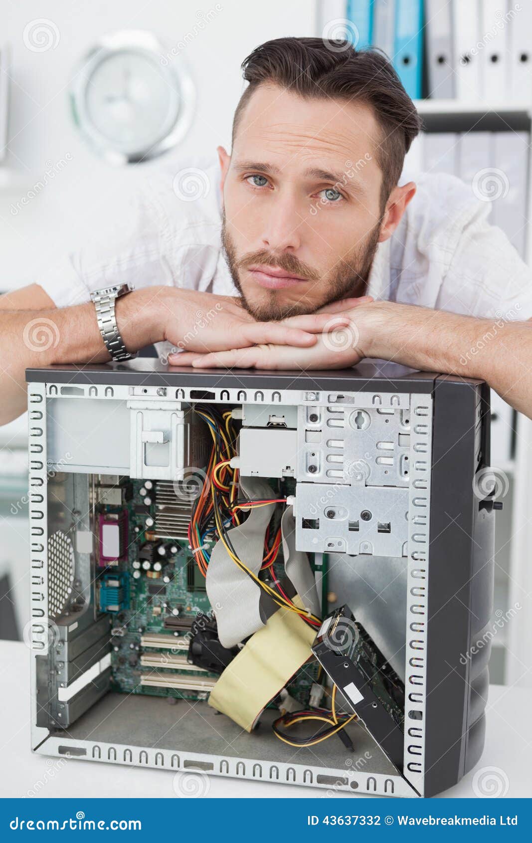 Sad Computer Engineer Leaning on Computer Stock Photo - Image of tech ...