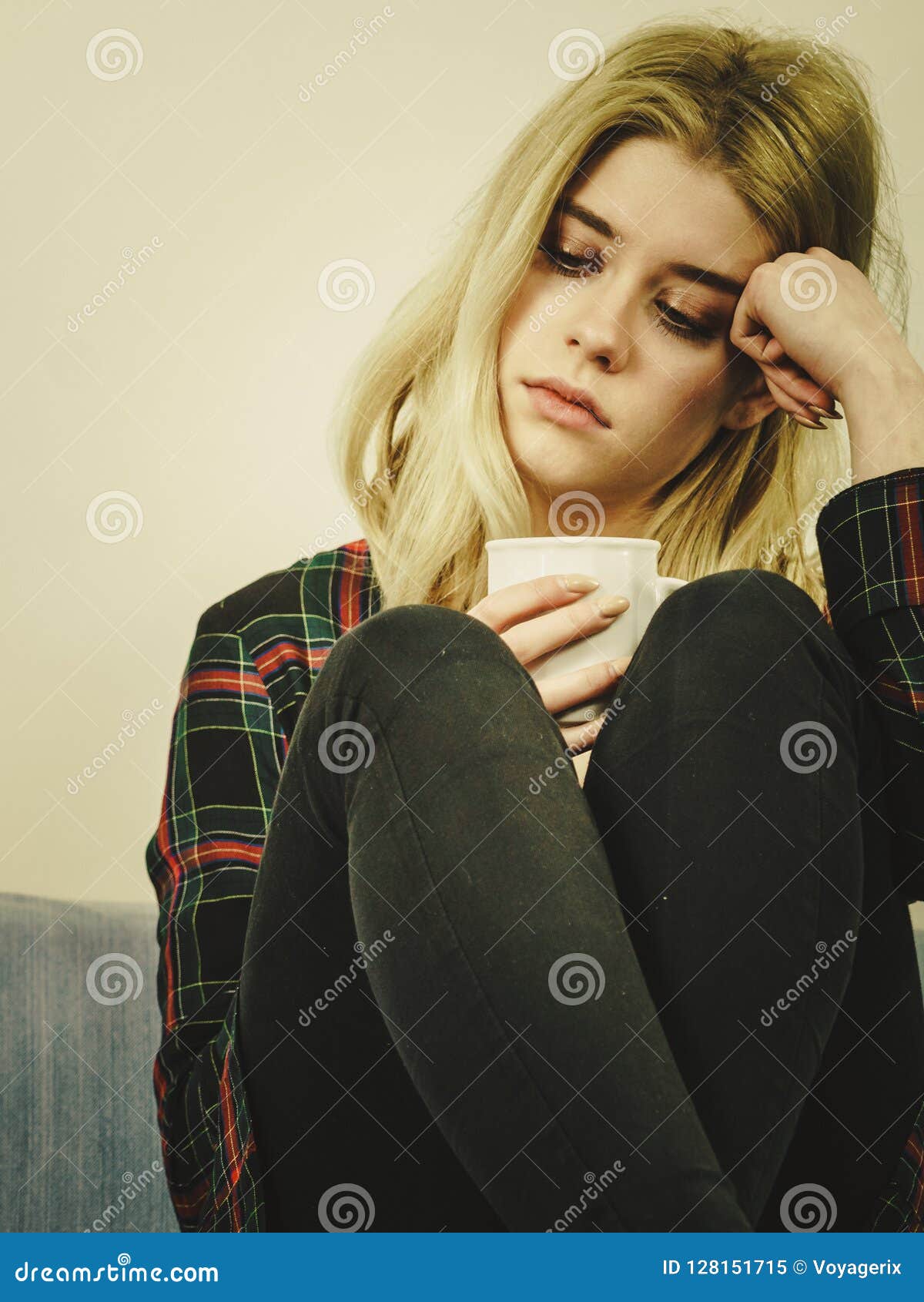 Sad Lonely Woman Sitting On Couch With Mug Stock Image Image Of Sofa