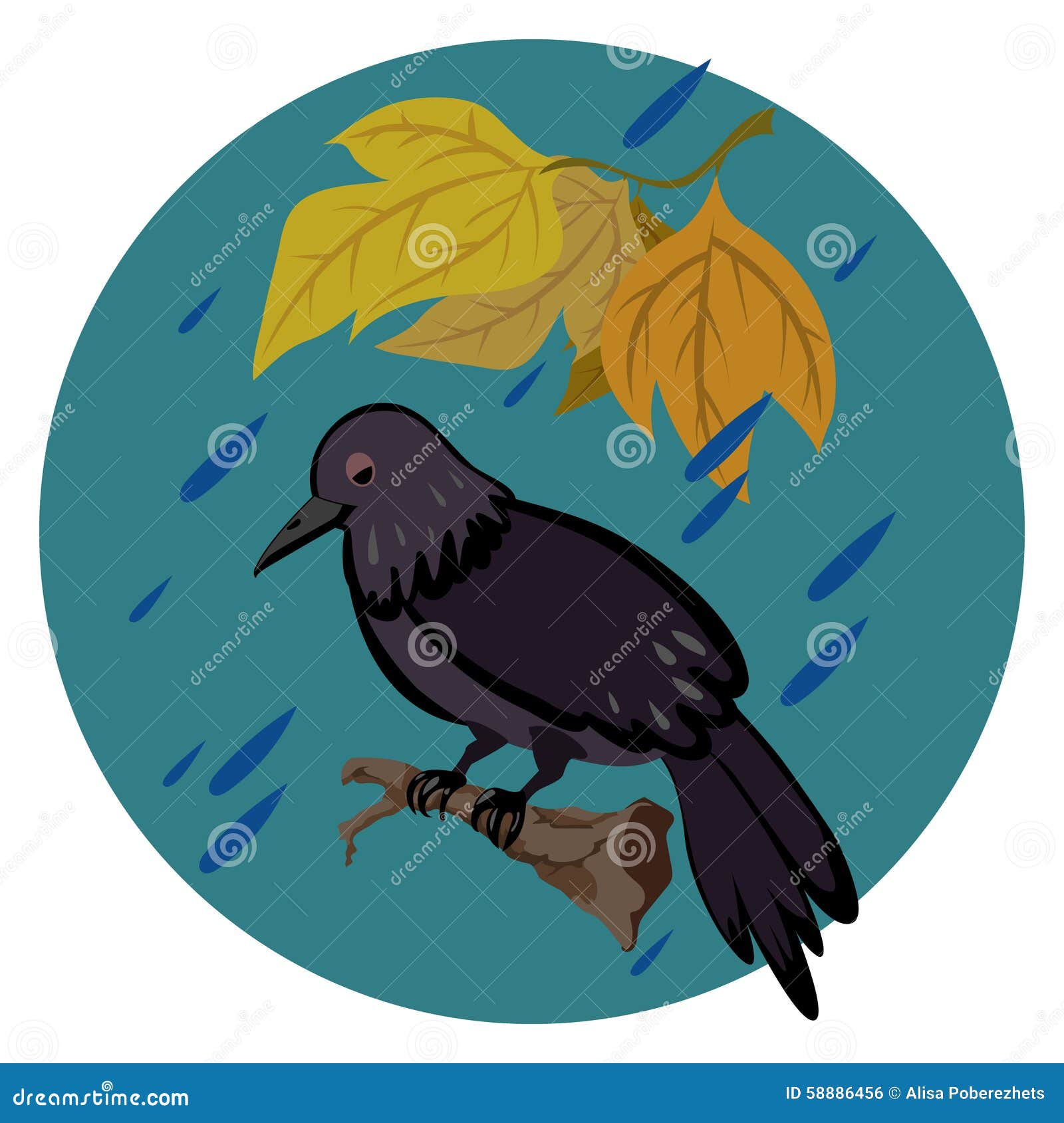 Sad crow in the rain stock vector. Illustration of vector - 58886456