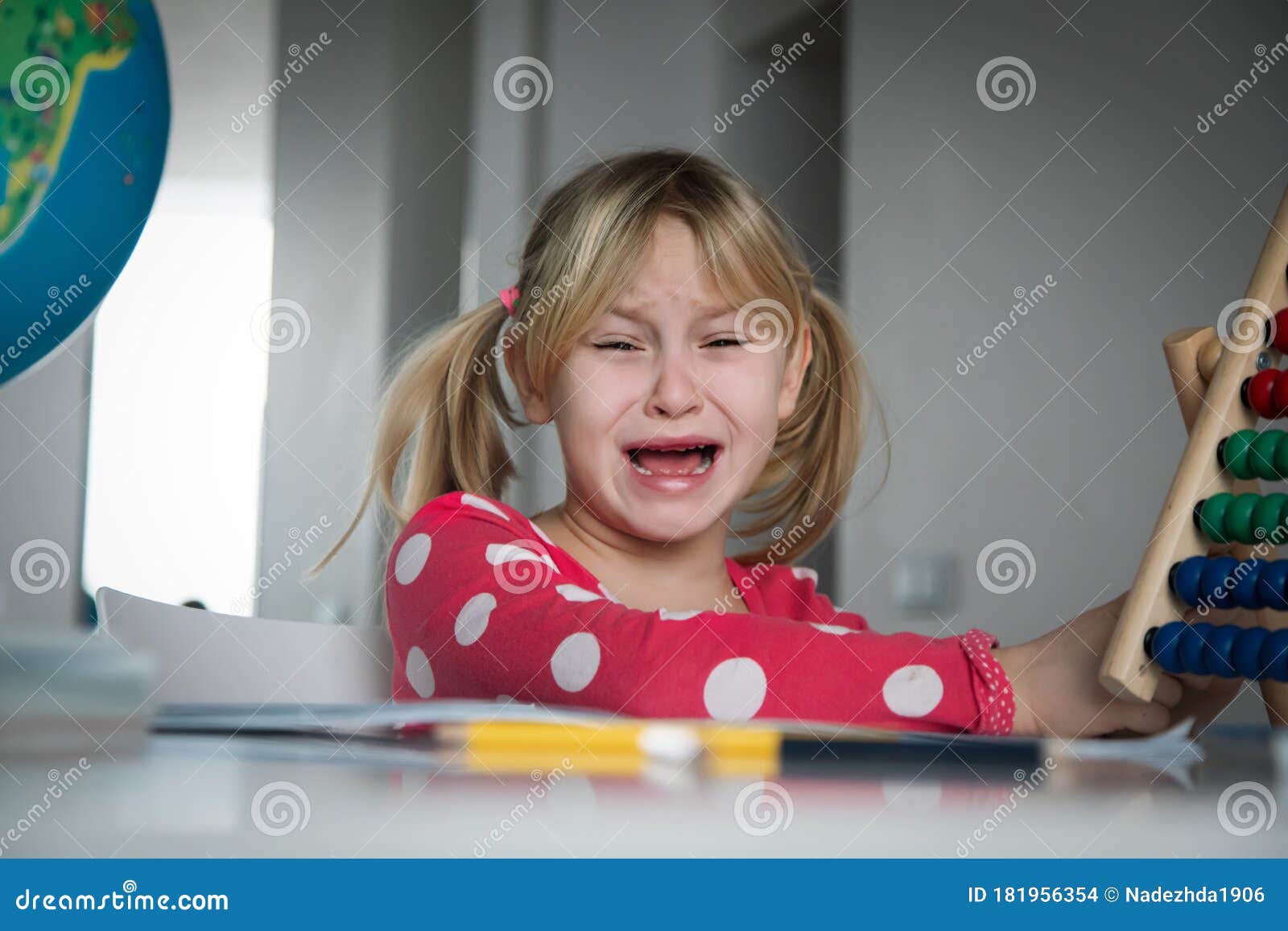 Sad Crying Child Doing Homework Indoors, Mental Issues of Staying Home ...