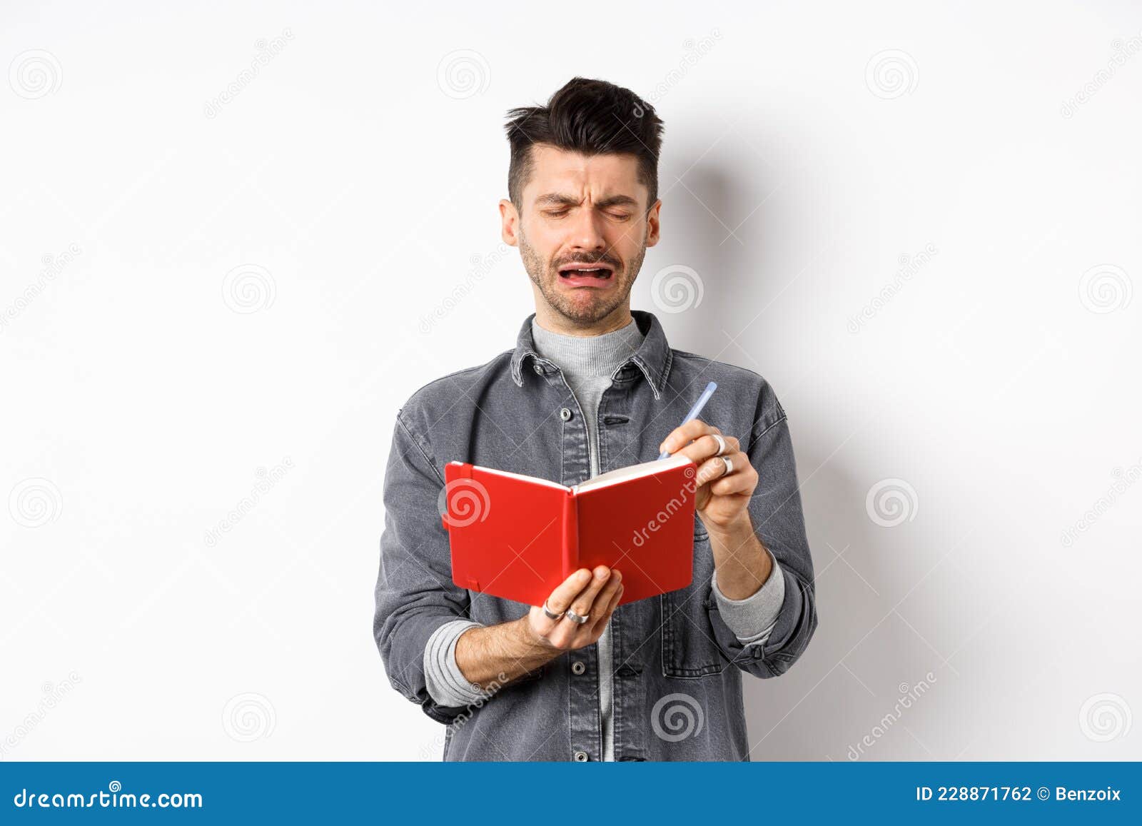 Sad Crying Guy Writing in His Diary with Miserable Face, Look ...