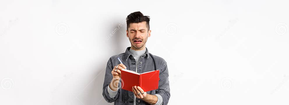Sad Crying Guy Writing in His Diary with Miserable Face, Look ...