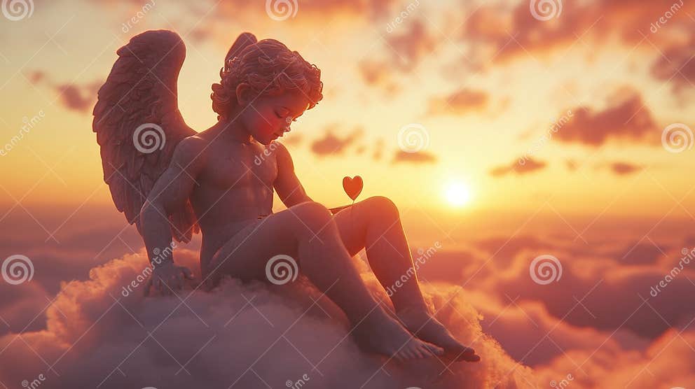 Sad Cupid Sitting on a Cloud, with His Bow Resting by His Side Stock ...
