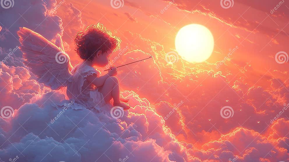 Sad Cupid Sitting on a Cloud, with His Bow Resting by His Side Stock ...