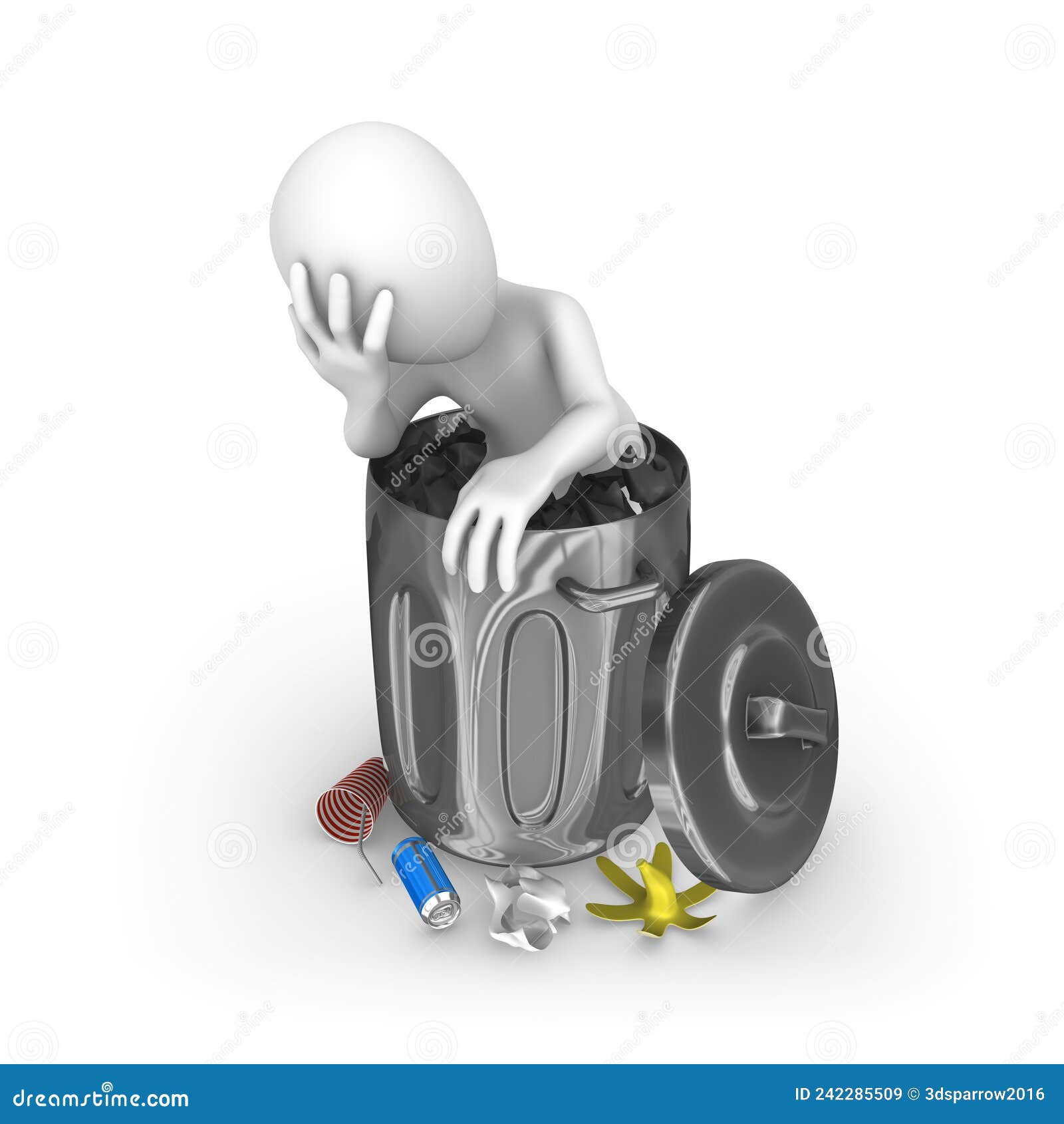 Sad 3d White Man Sitting in the Trash Stock Illustration - Illustration ...