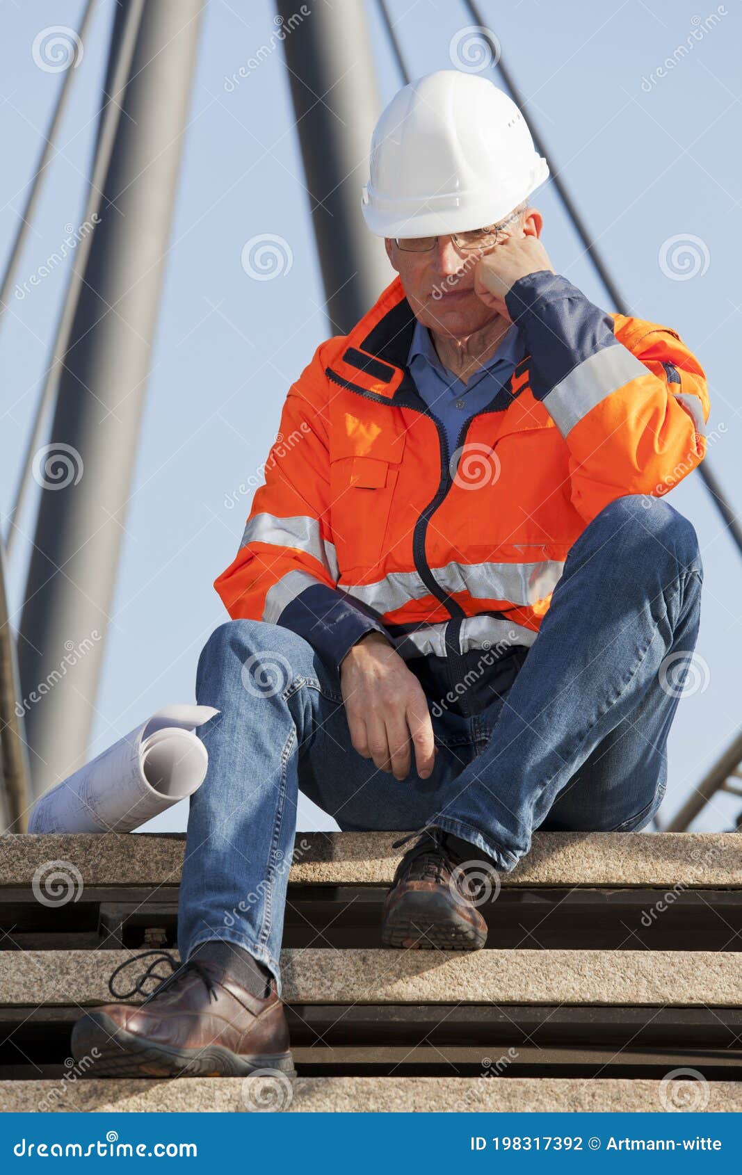 Sad or Depressed Engineer or Foreman with Protective Workwear Sitting ...