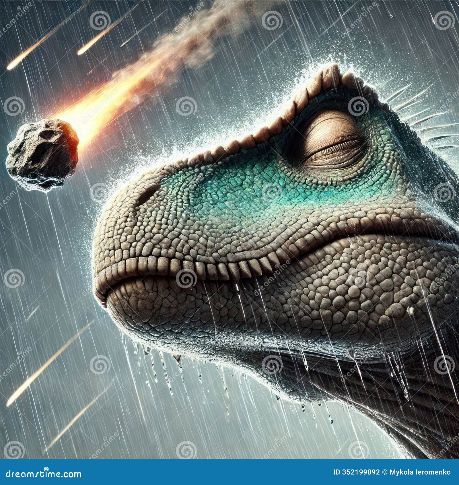 A Sad Dinosaur Against the Background of a Falling Meteorite. Stock ...
