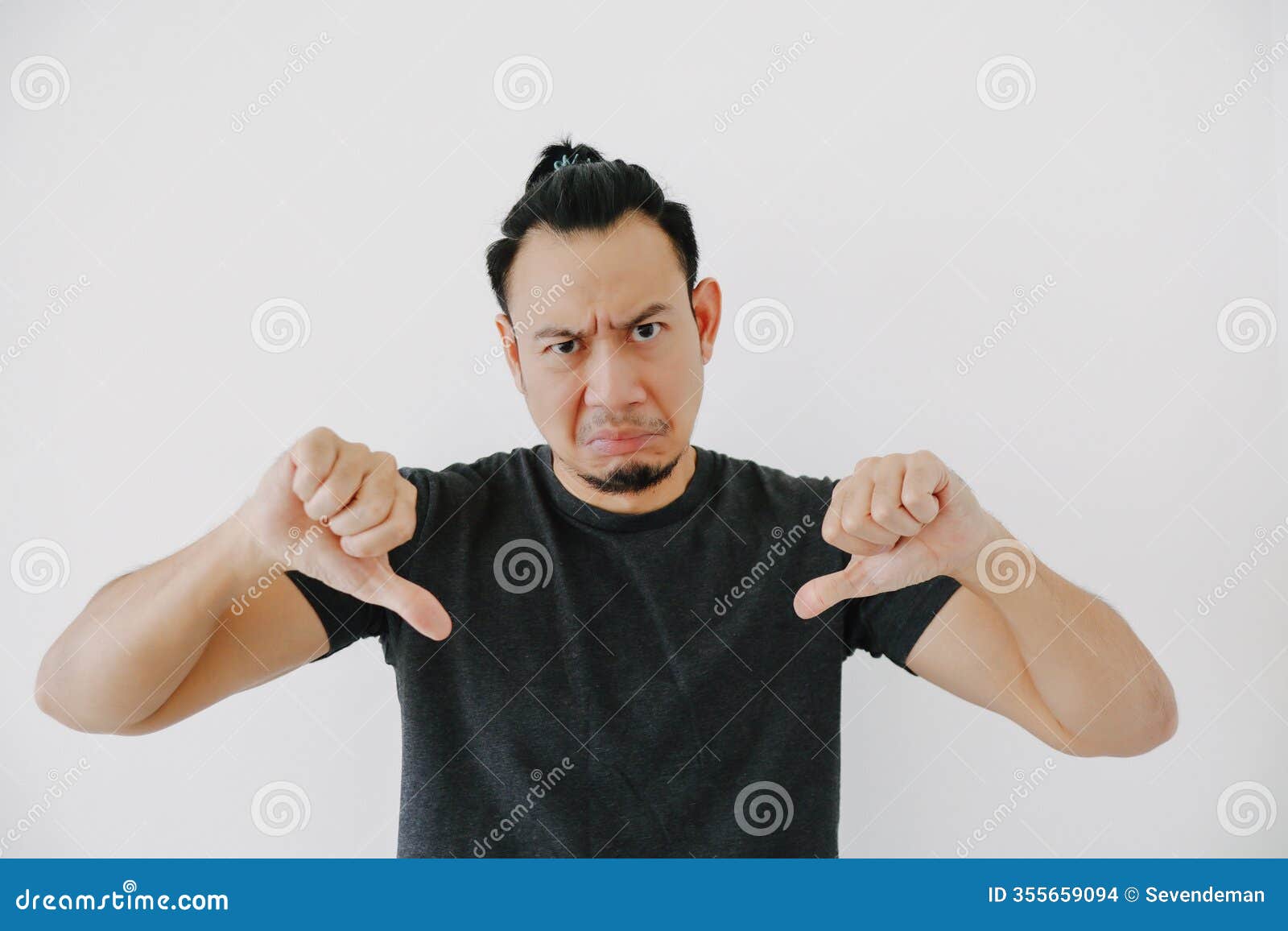 Sad and Disappoint Man Face Hand Pointing in Black T-shirt Isolate on ...