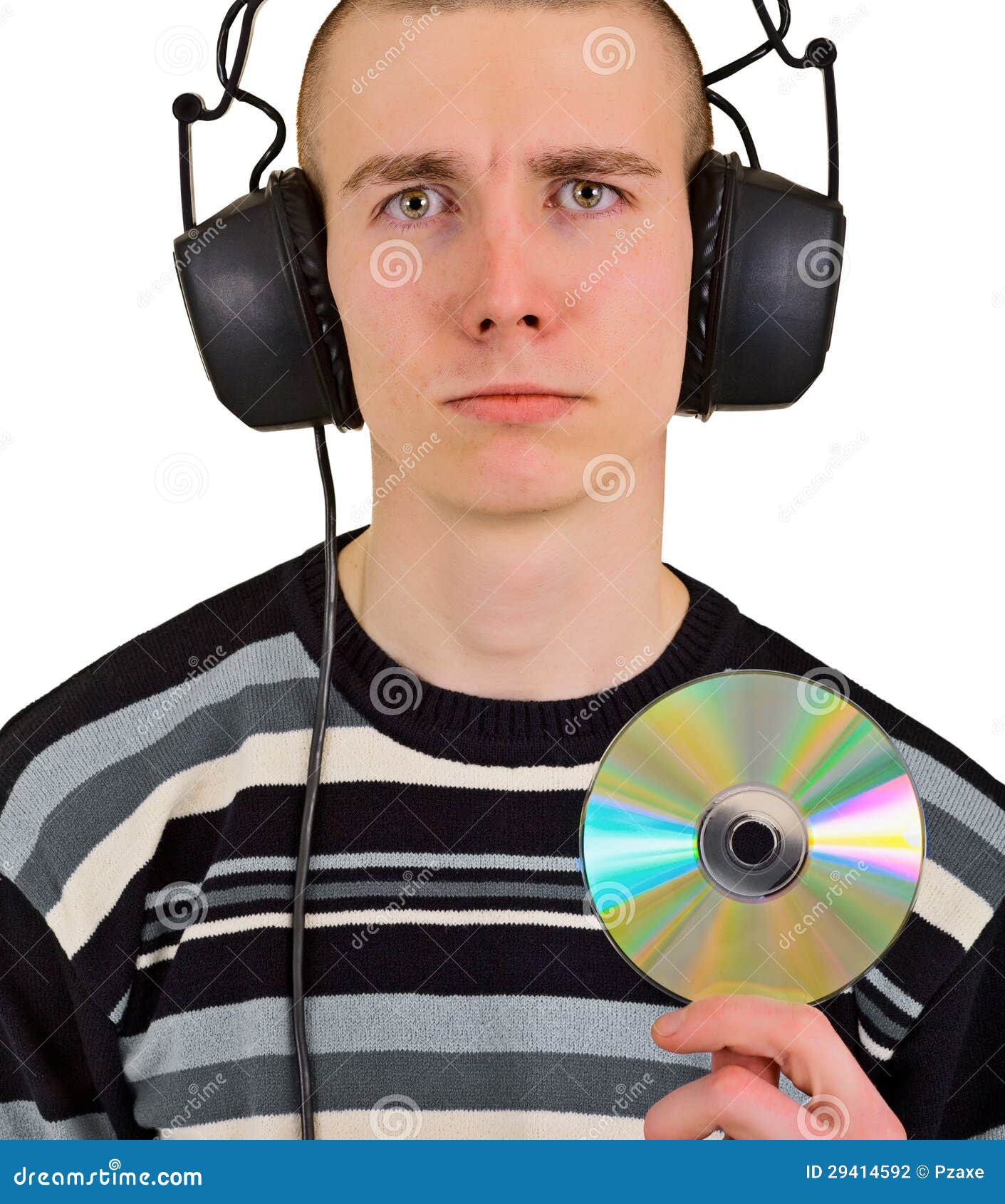 Sad Disappointed Man with Big Headphones and CD Stock Photo - Image of ...