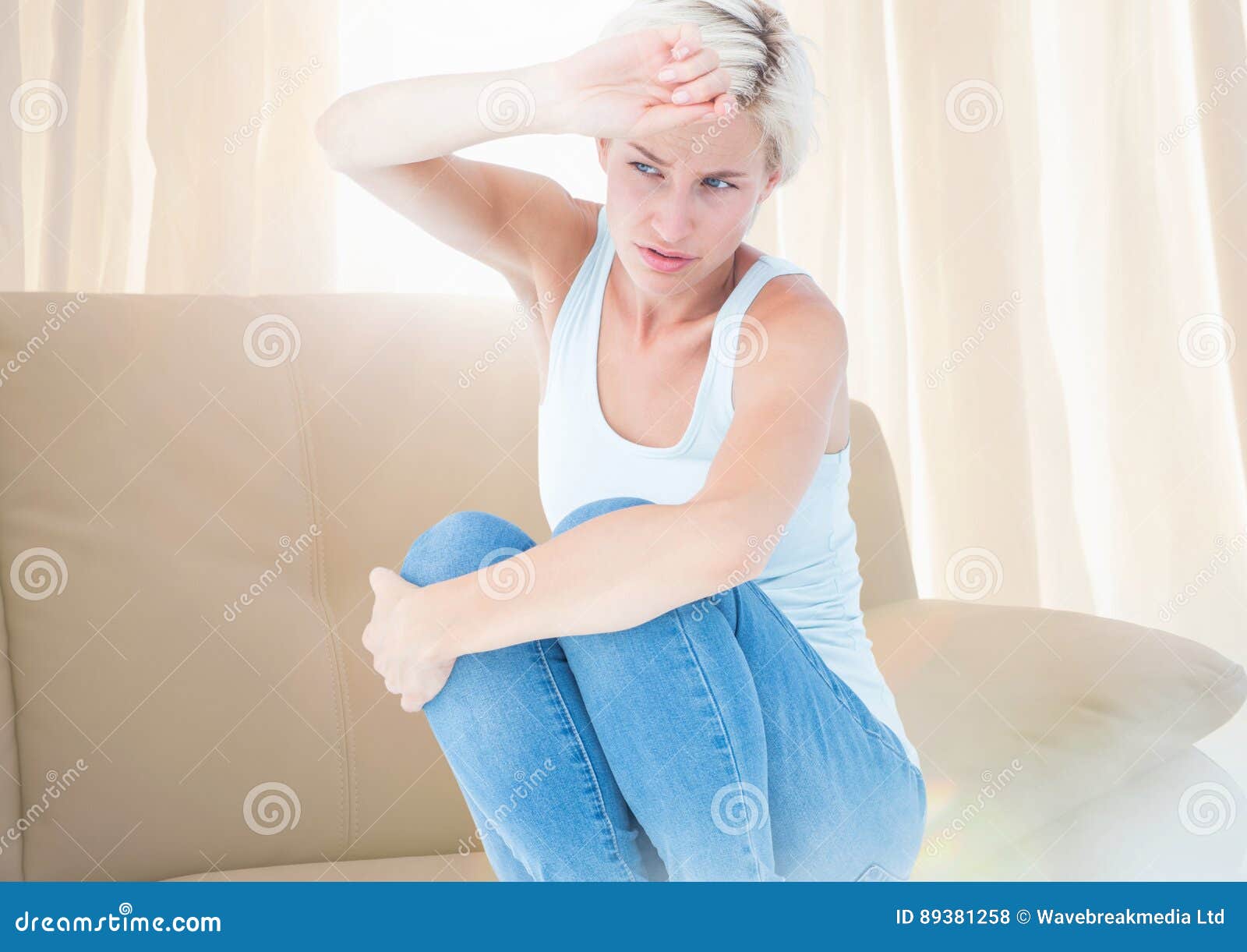 Sad Distressed Afraid Woman Crouched Near Window Light Stock Photo ...
