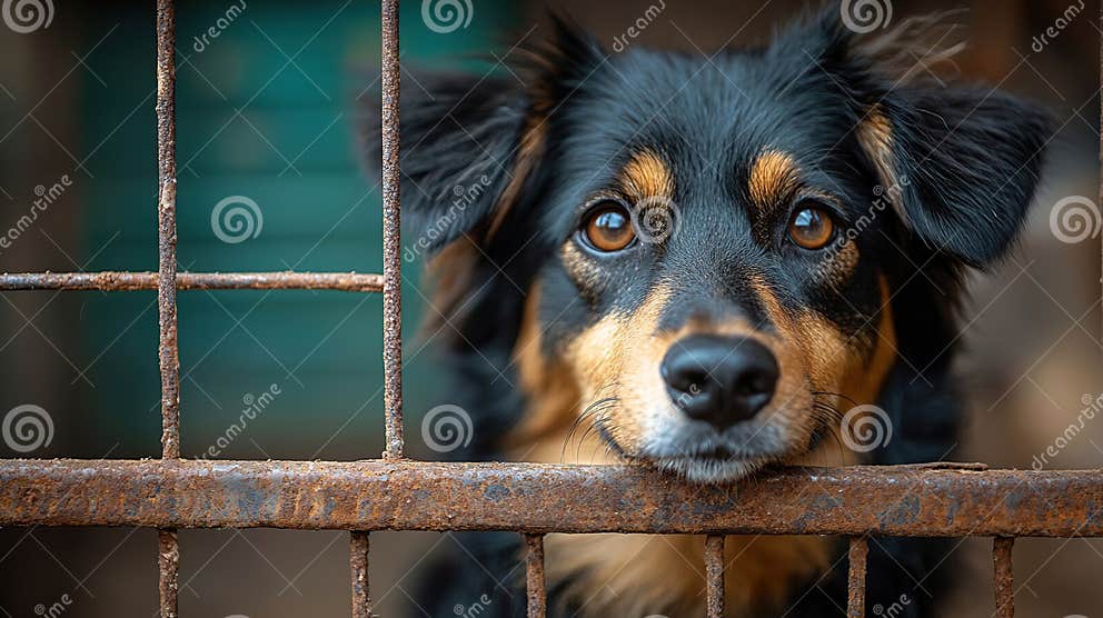 Sad Dog Looking through Rusty Cage Bars Stock Illustration ...