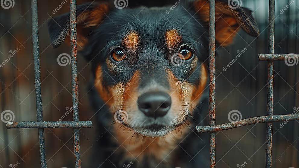 Sad Dog S Face Behind Rusty Cage Bars Stock Illustration - Illustration ...