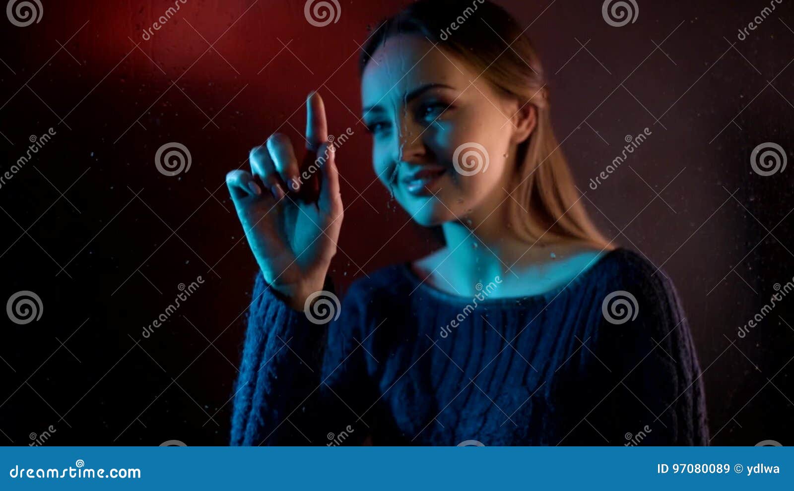Sad Dreamy Young Woman Near Steamy Glass Window Touching Drawing Heart