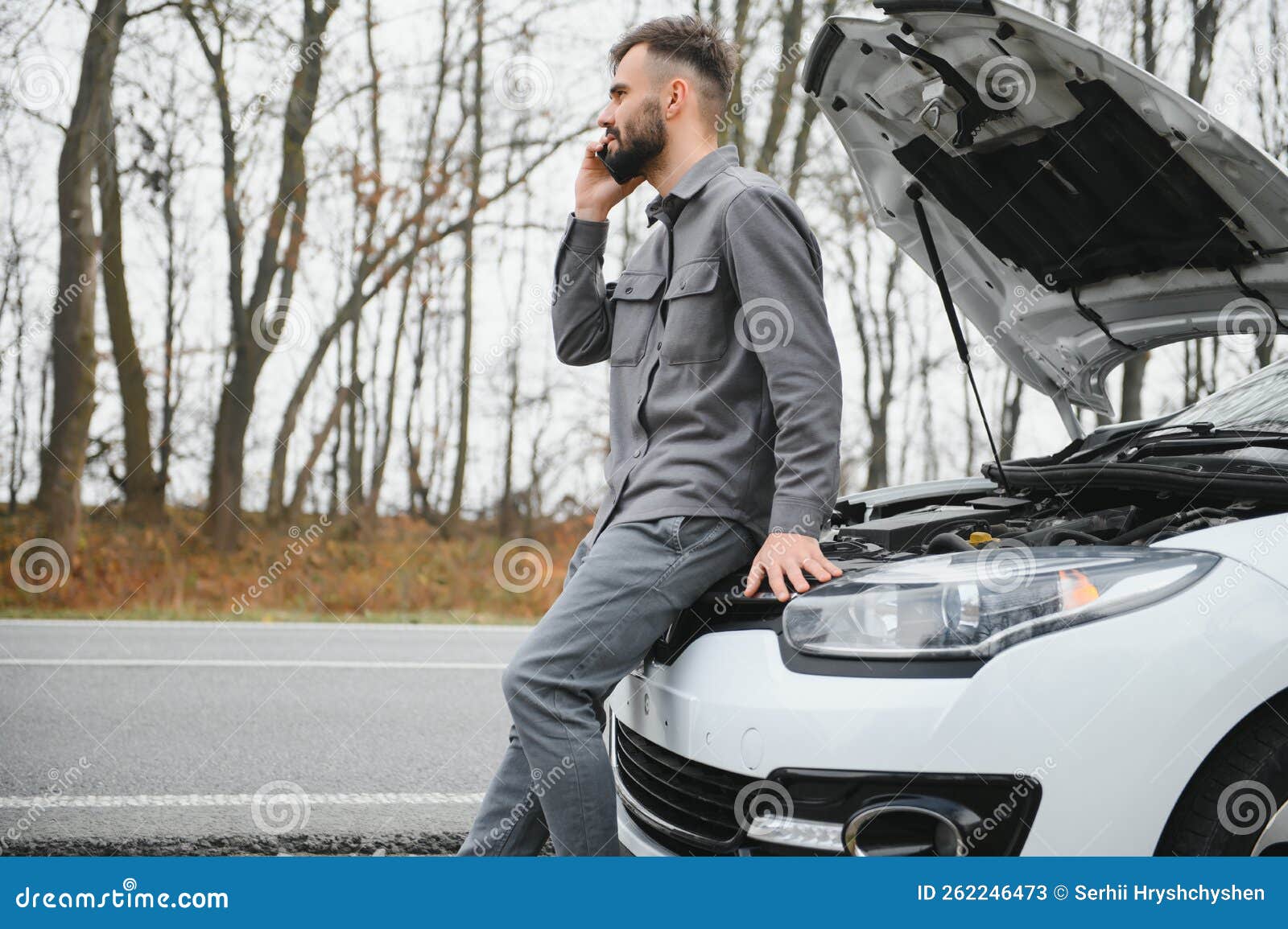 Sad Driver Calling Car Service, Opening Hood, Having Engine Problem ...