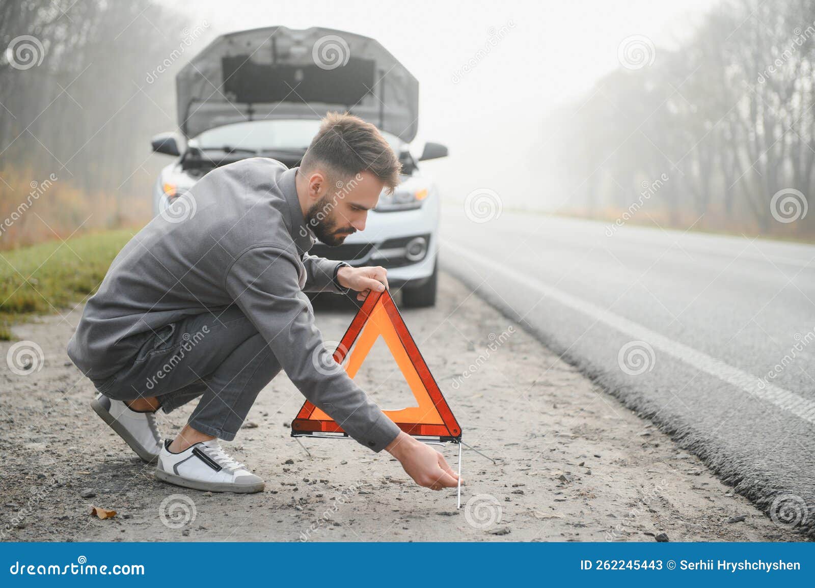 Sad Driver Having Engine Problem Standing Near Broken Car on the Road ...