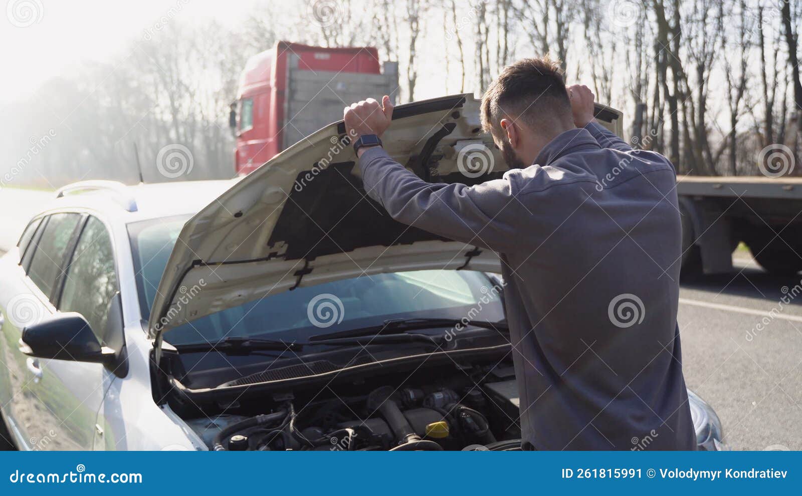 Sad Driver Holding His Head Having Engine Problem Standing Near Broken ...